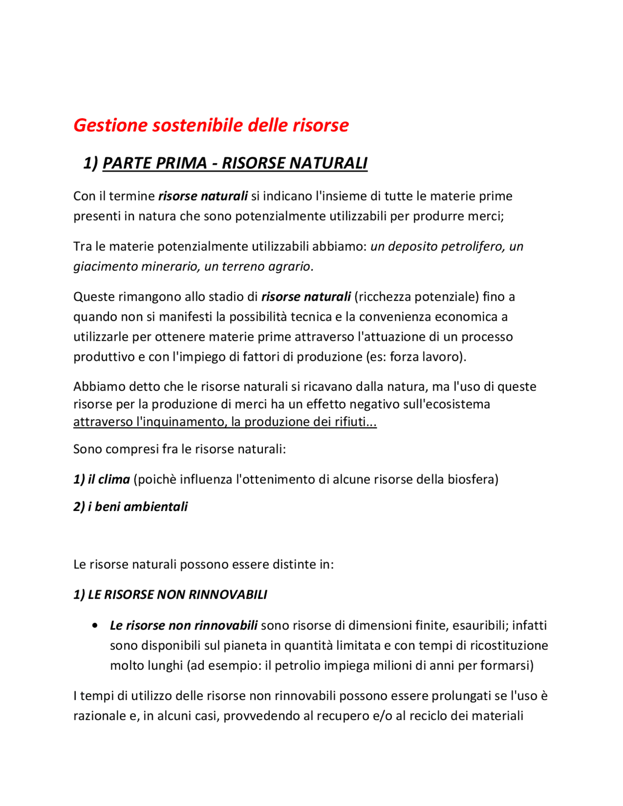 Gestione sostenibile delle risorse - Docsity