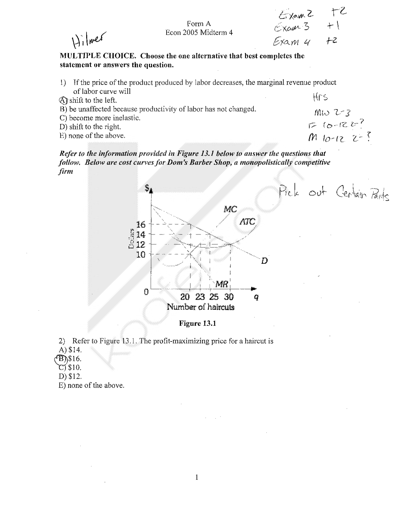 Principles of Economics - Midterm Exam 4A with Answers | ECON 2005 ...