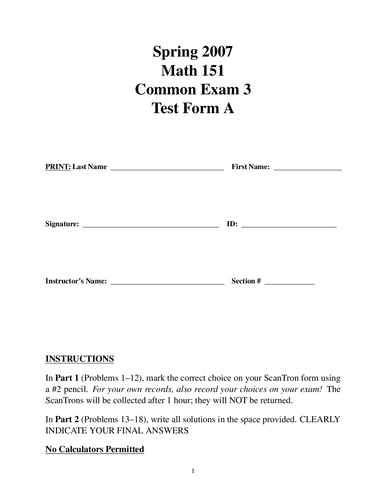 Exam 3 Form A Honor Engineering Mathematics I Math 151 Docsity
