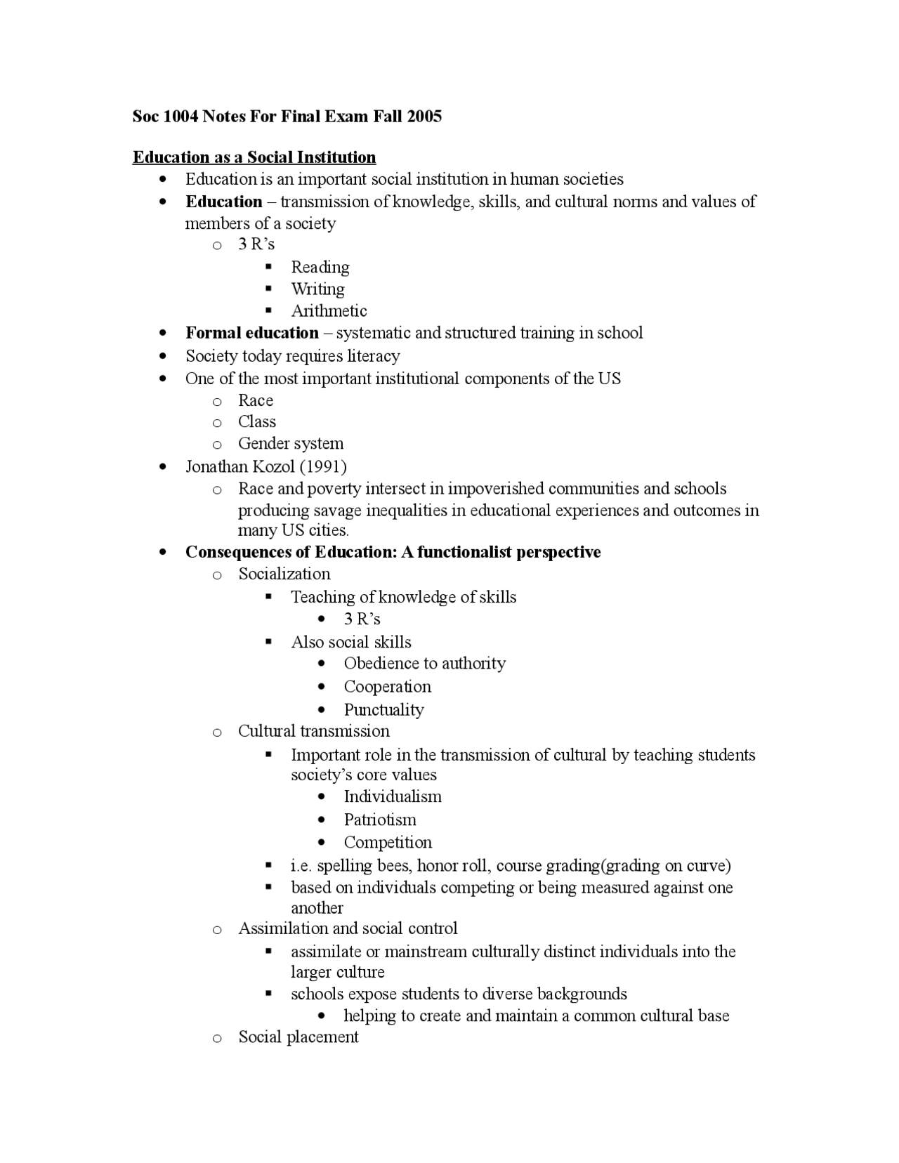 Notes For Final Exam Introductory Sociology Soc 1004 Docsity