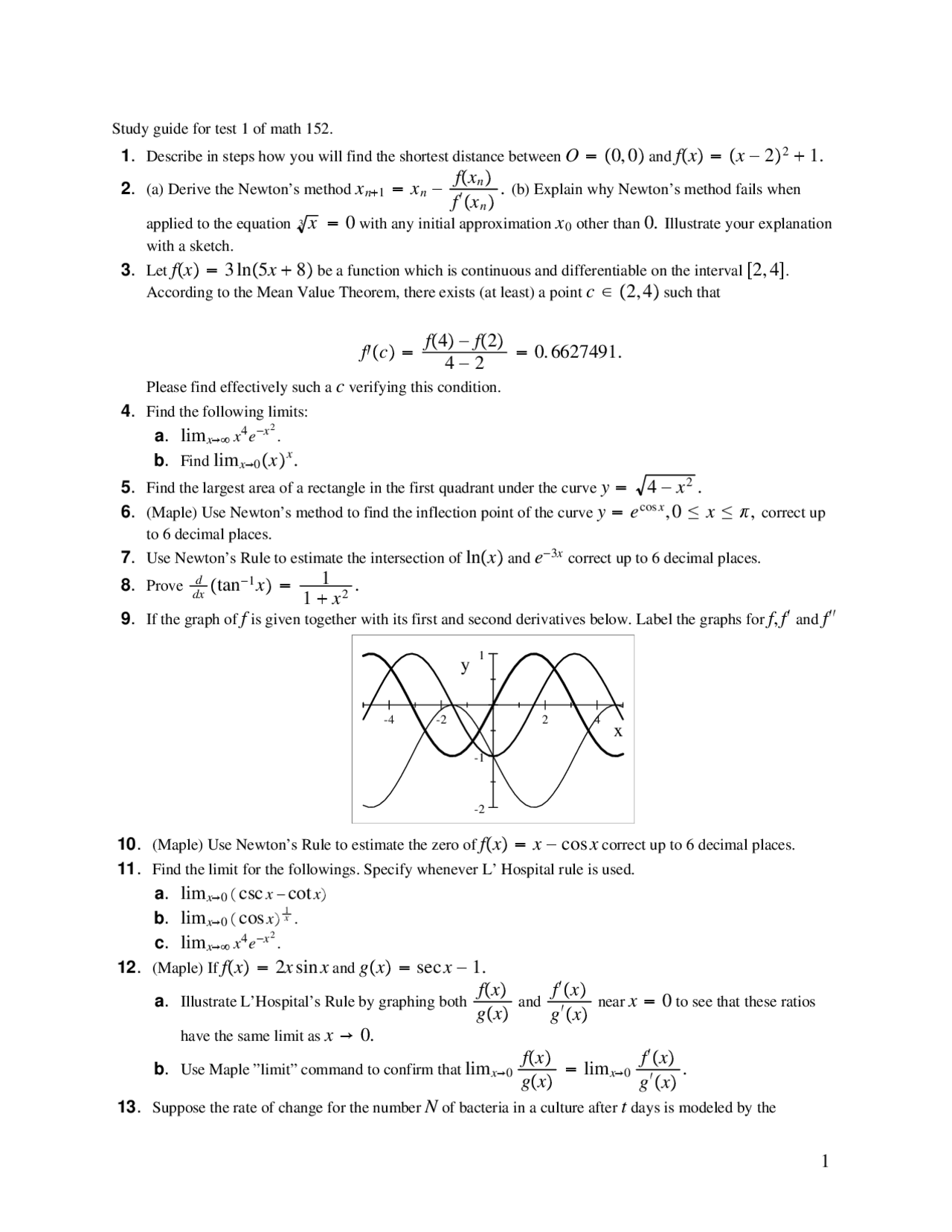 Math 152 Study Guide: Solving Problems on Functions and Calculus | Exams Analytical Geometry and ...