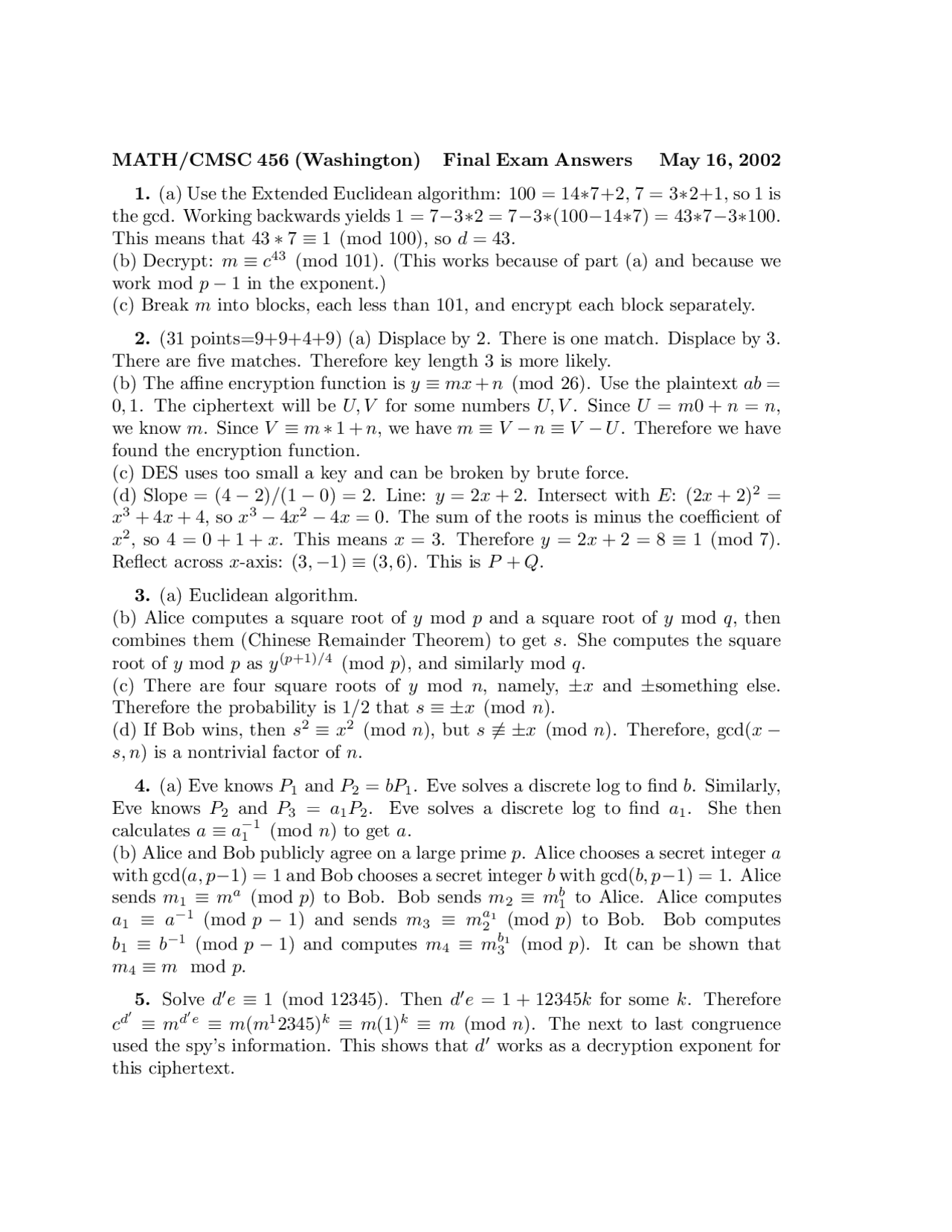 Final Exam With Answers Cryptology Fall 2002 Math 456 Docsity