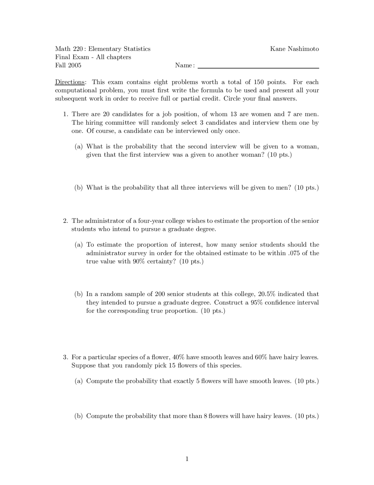 8 Problems On Elementary Statistics Final Examination Math 220