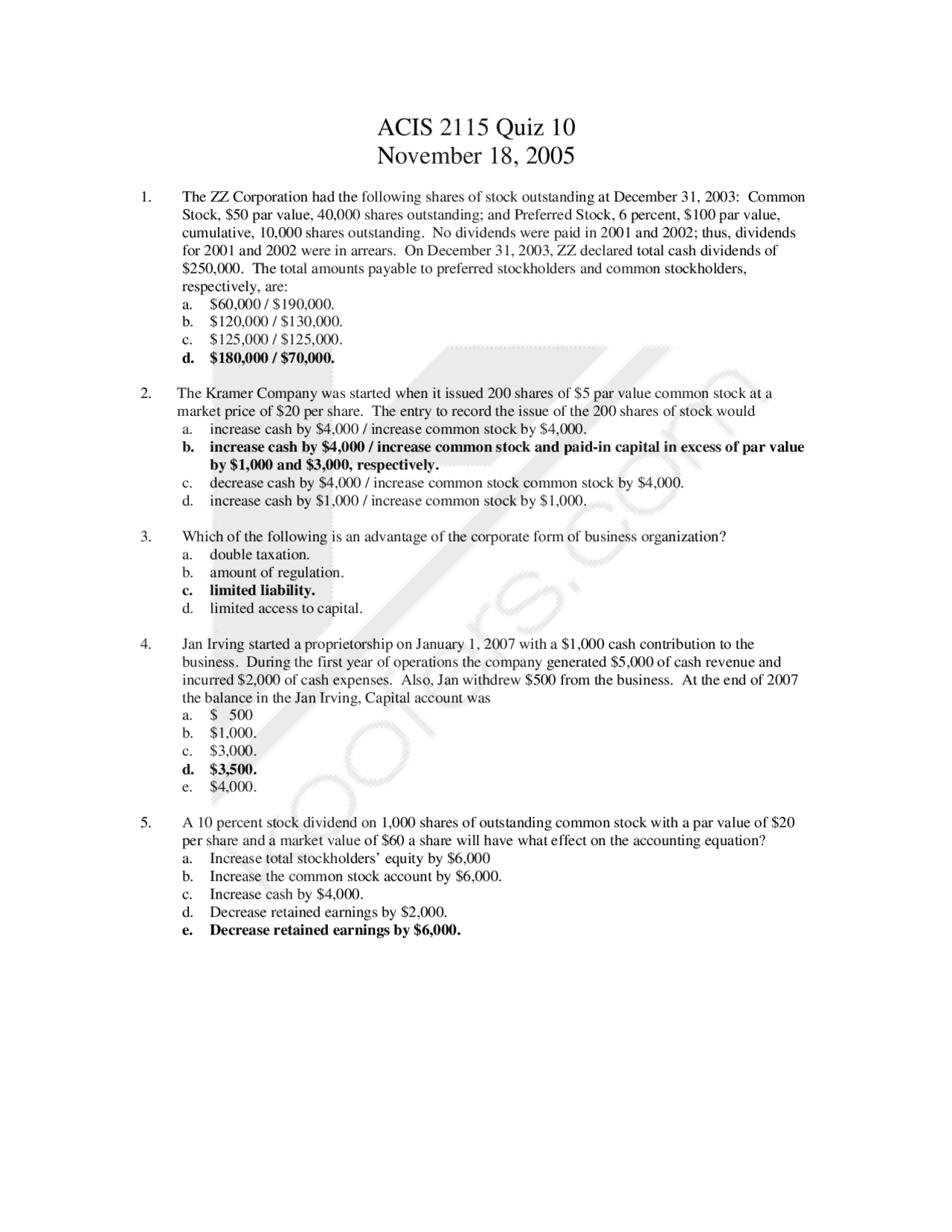 Quiz 10 With Solution For Principles Of Accounting Acis 2115 Docsity
