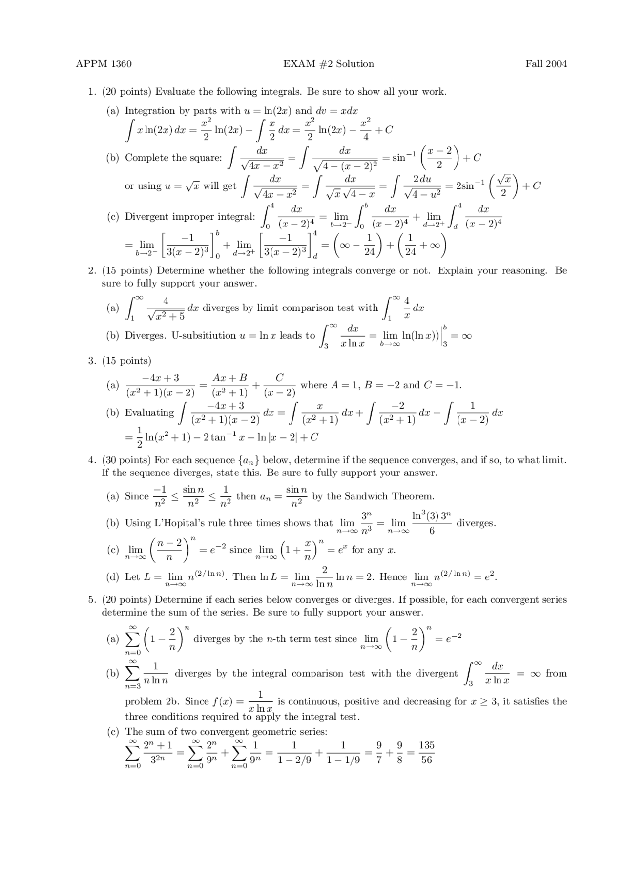 5 Questions For Exam 2 With Solutions Calculus I For Engineering