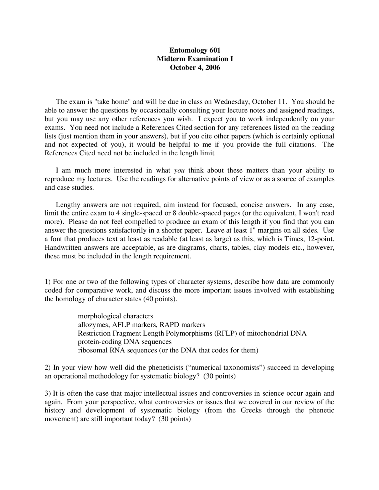 Principles Of Systematic Entomology Midterm Exam Ento 601 Exams