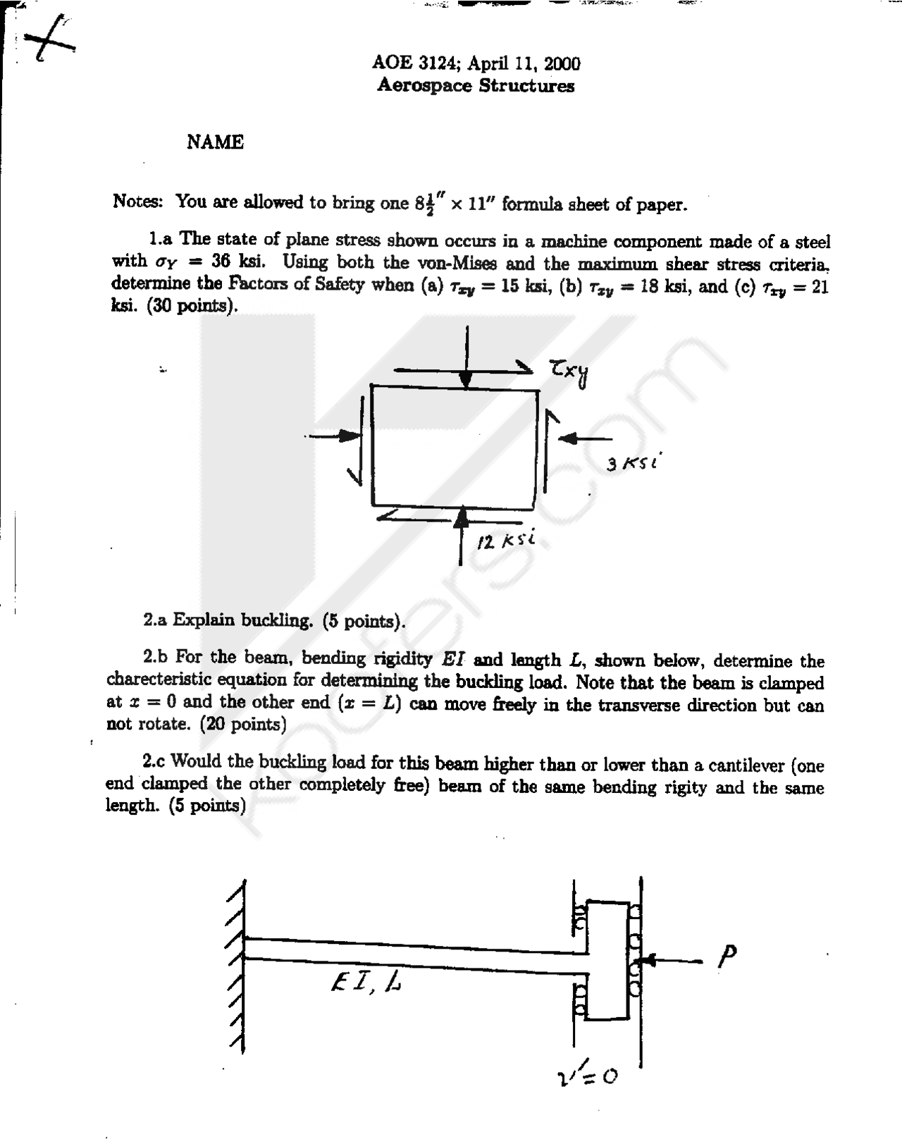 Test 2 Resolution Aerospace Structures Aoe 3124 Docsity