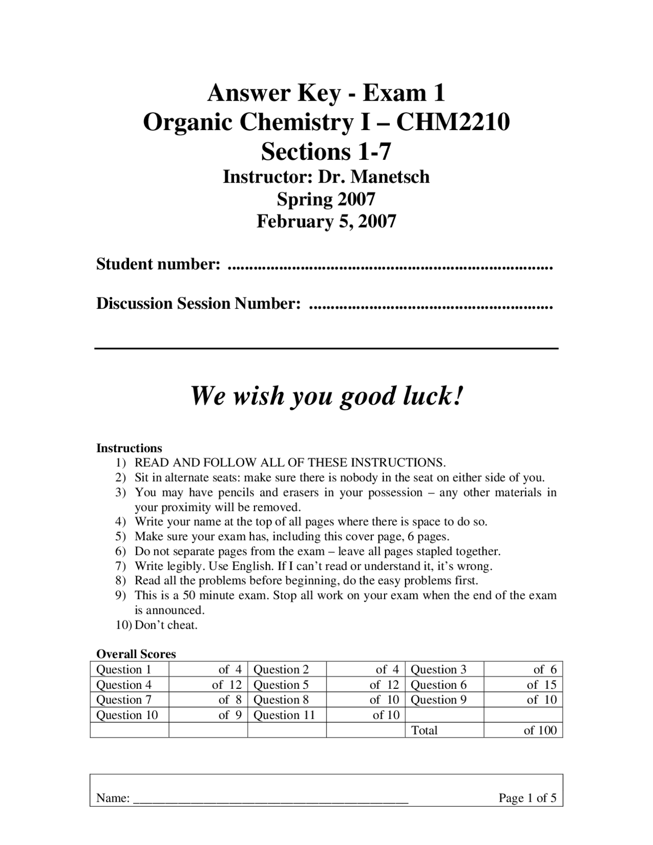 Exam 1 Questions On Organic Chemistry I Spring 2007 Chm 2210 Docsity