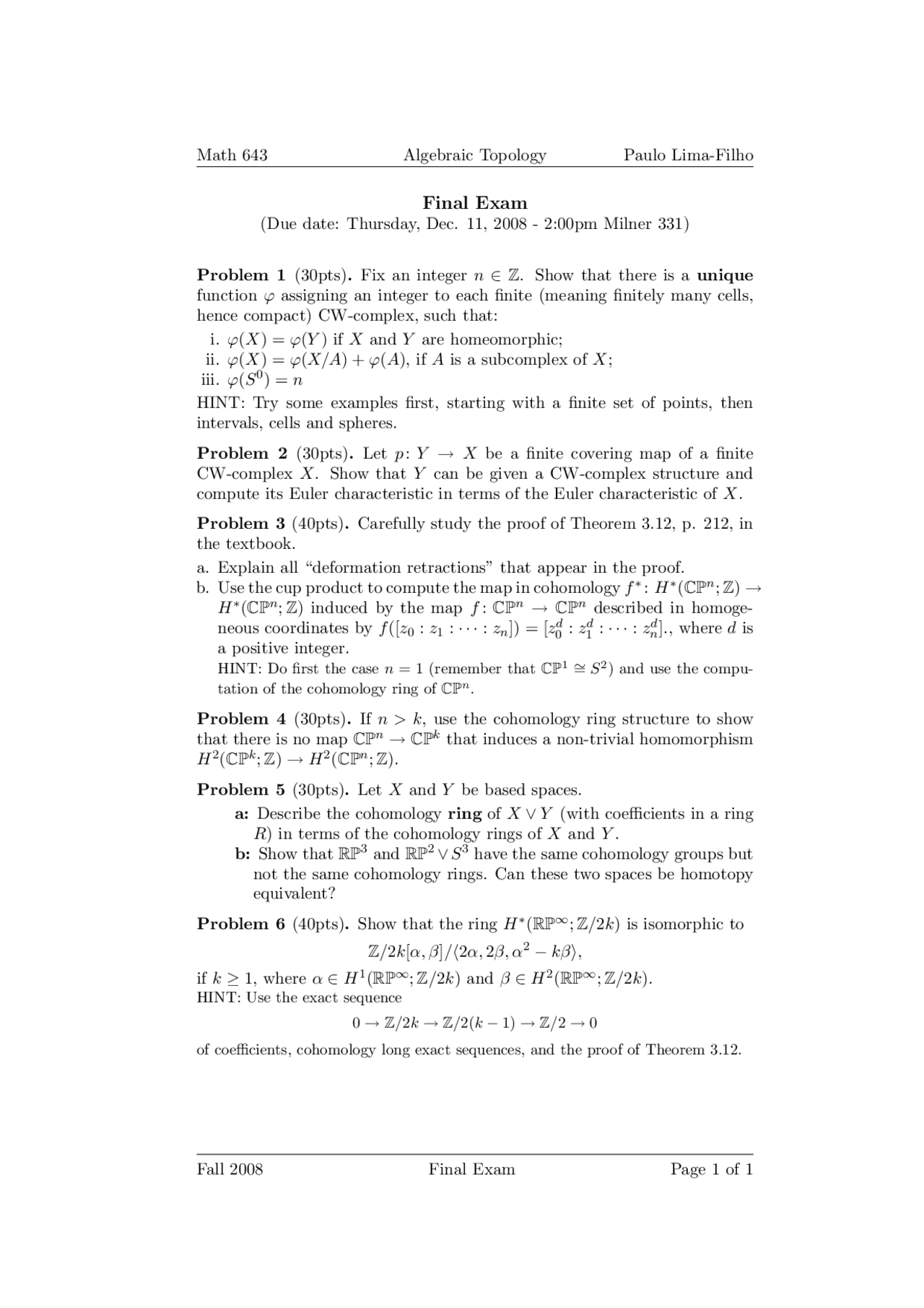 6 Sample Questions For Final Examinations Algebraic Topology I Math