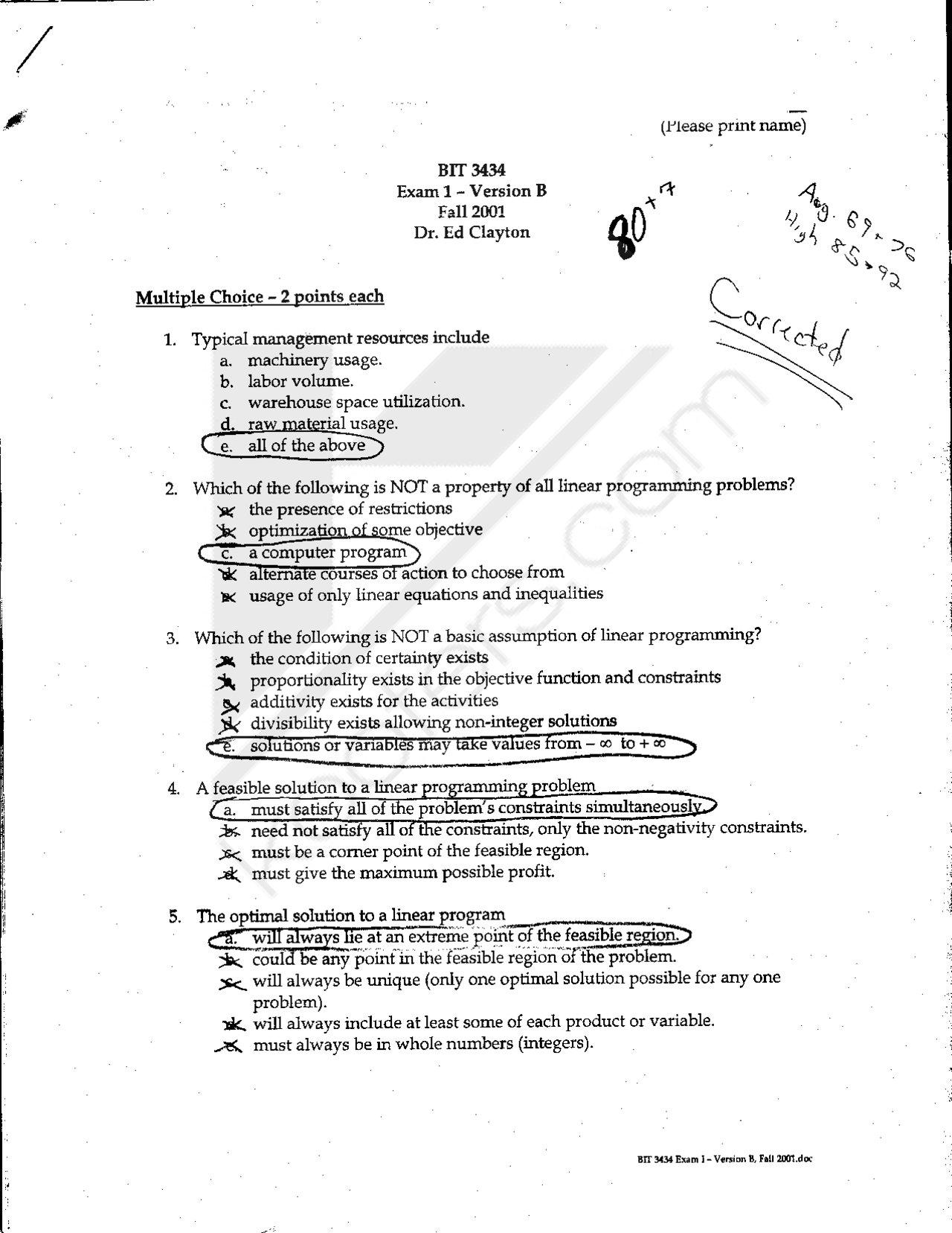 Advanced Management Science Exam 1 Version B Msci 3434 Docsity