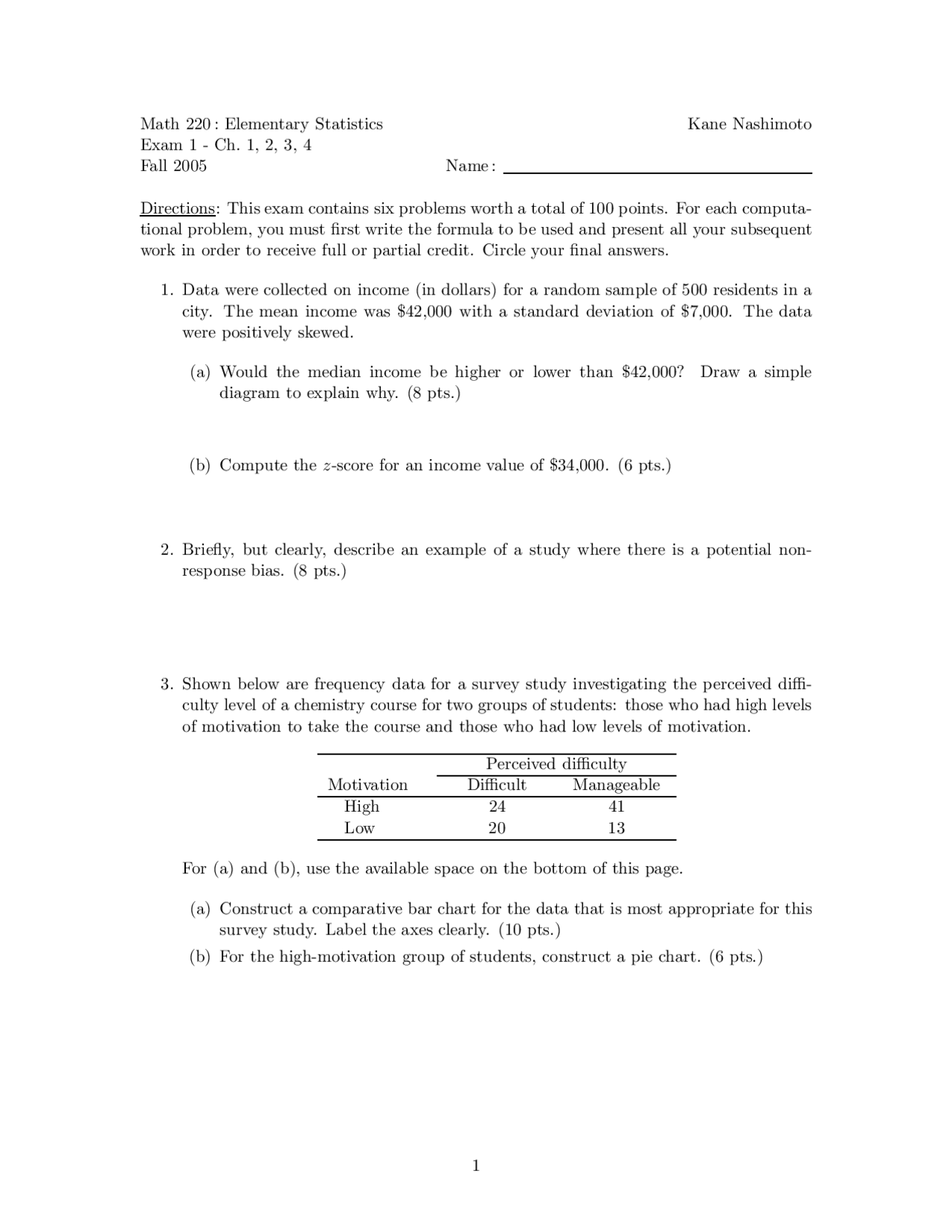 6 Problems On The Standard Deviation Examination 1 Math 220 Docsity