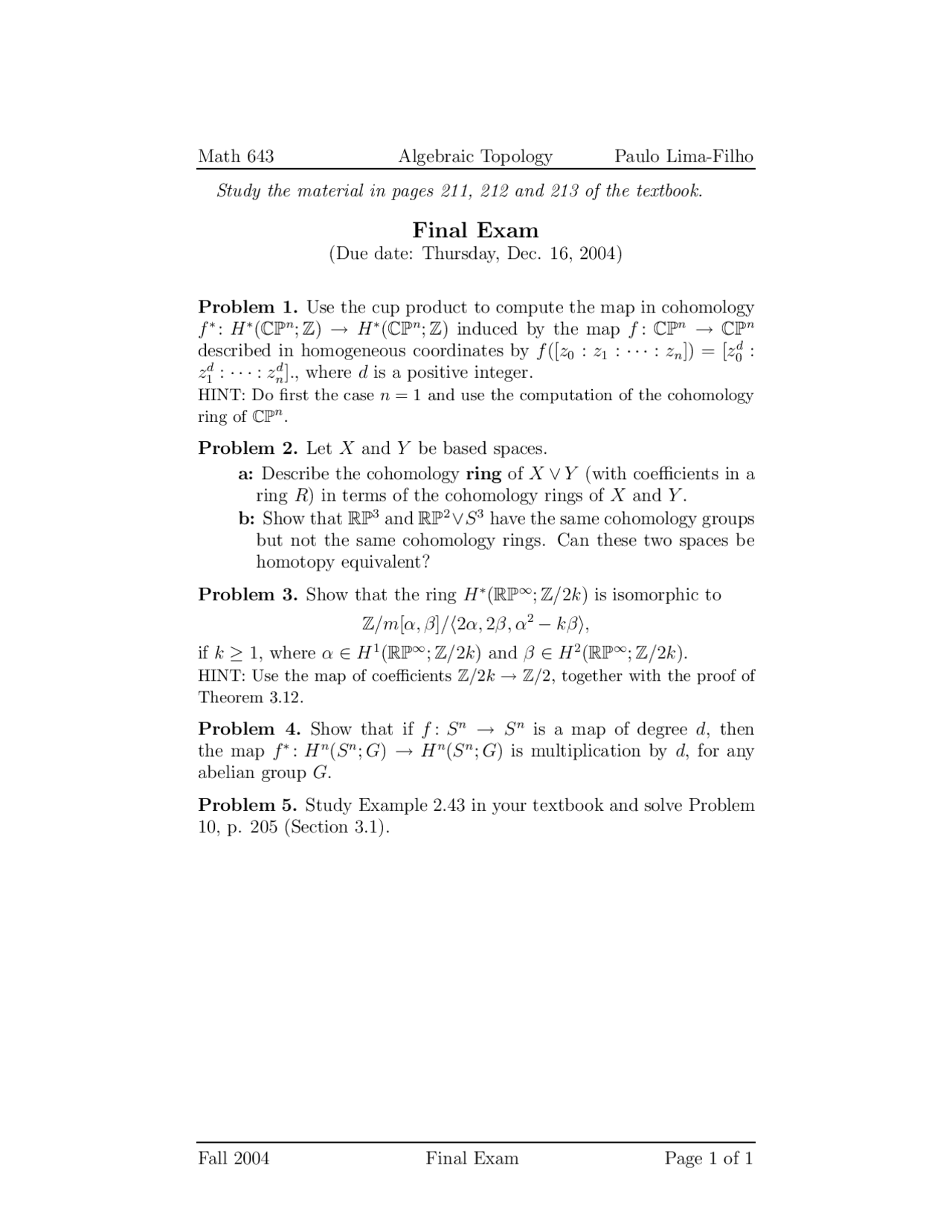 5 Practice Problems for Algebraic Topology I - Final Exam | MATH 643 ...