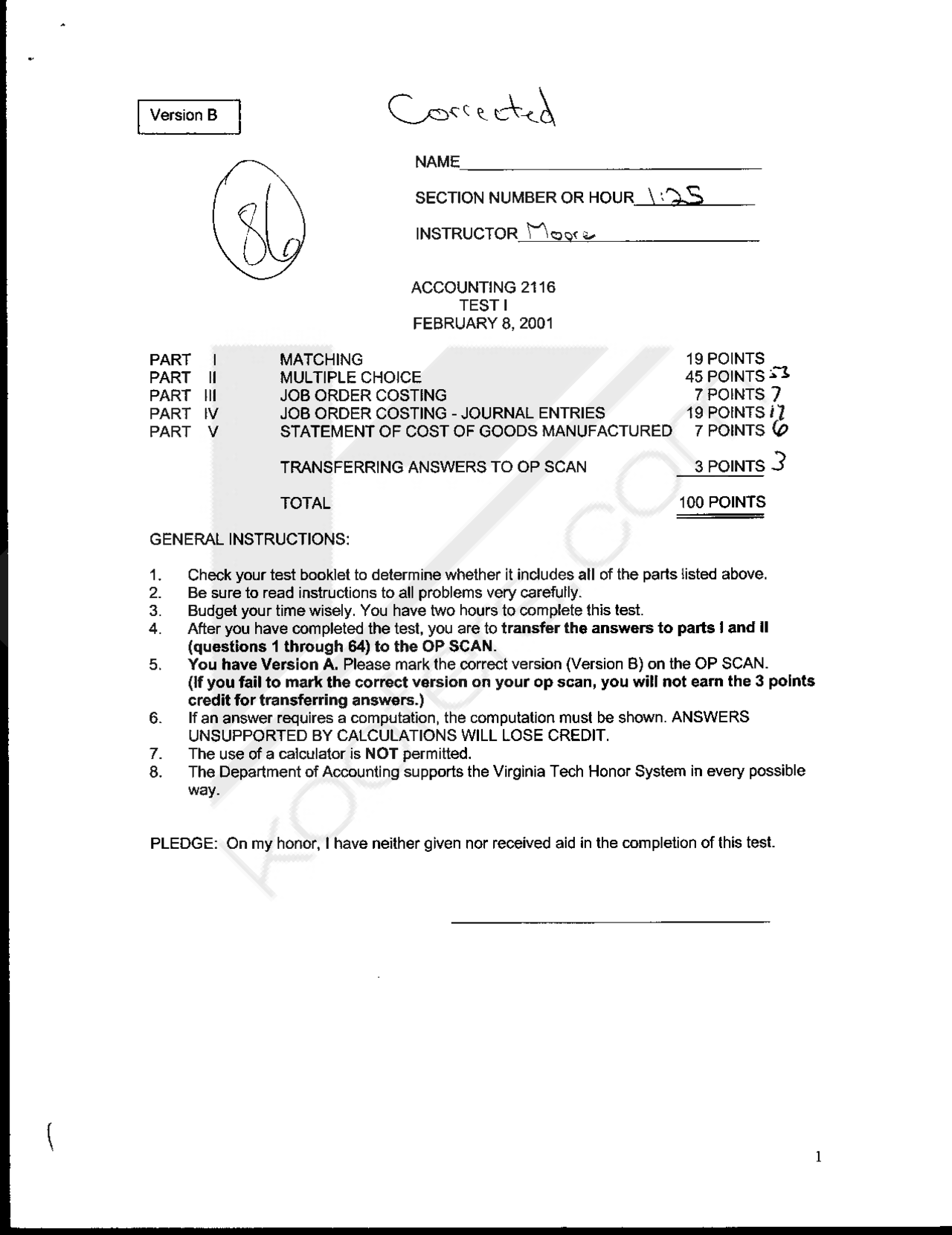 Test 1 Version B Principles Of Accounting Acis 2116 Docsity