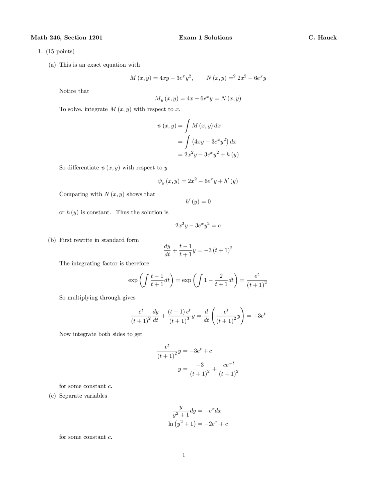 Exam 1 Solutions Differential Equations For Engineers And Scientists