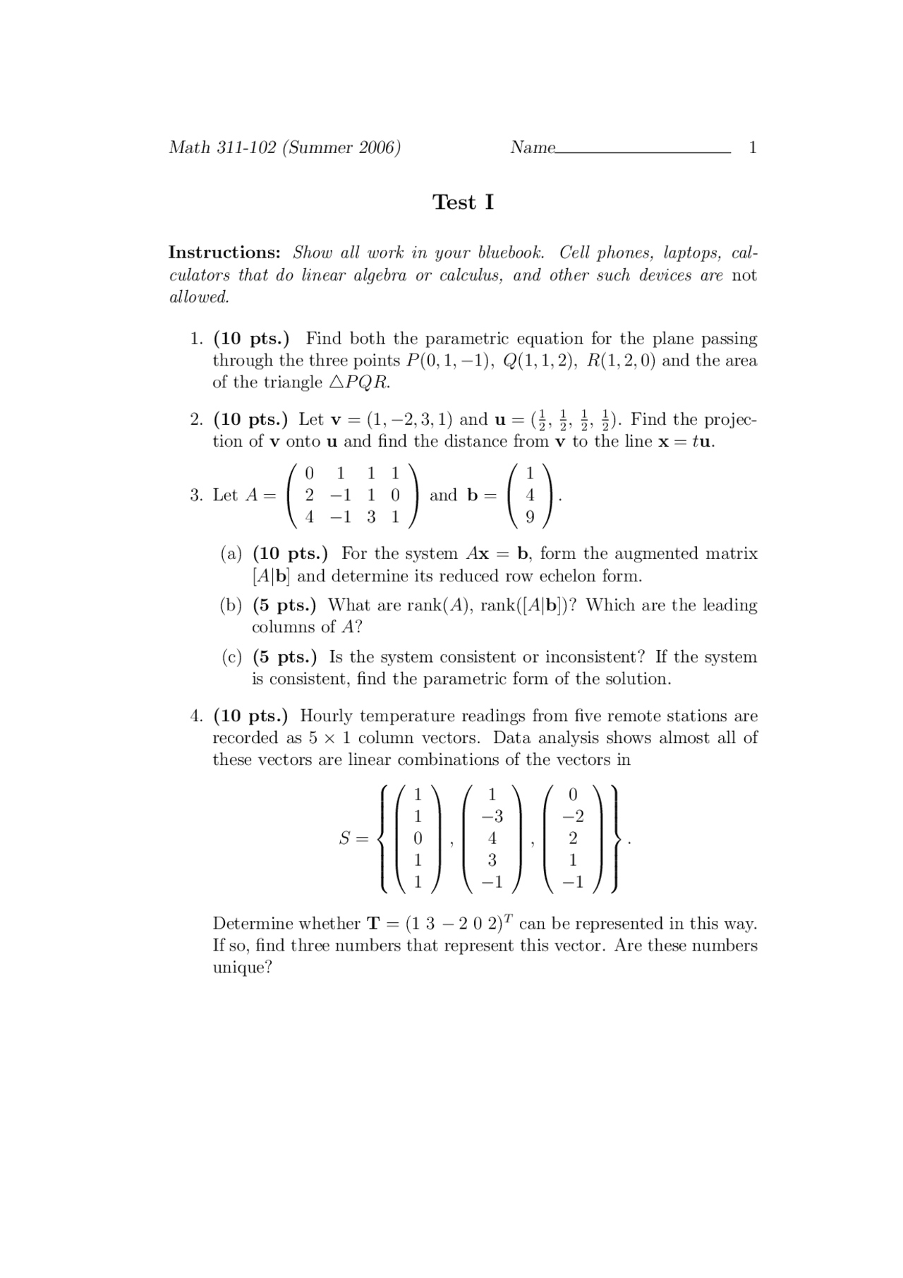 8 Problems Test 1 Applied Mathematics I Math 311 Docsity