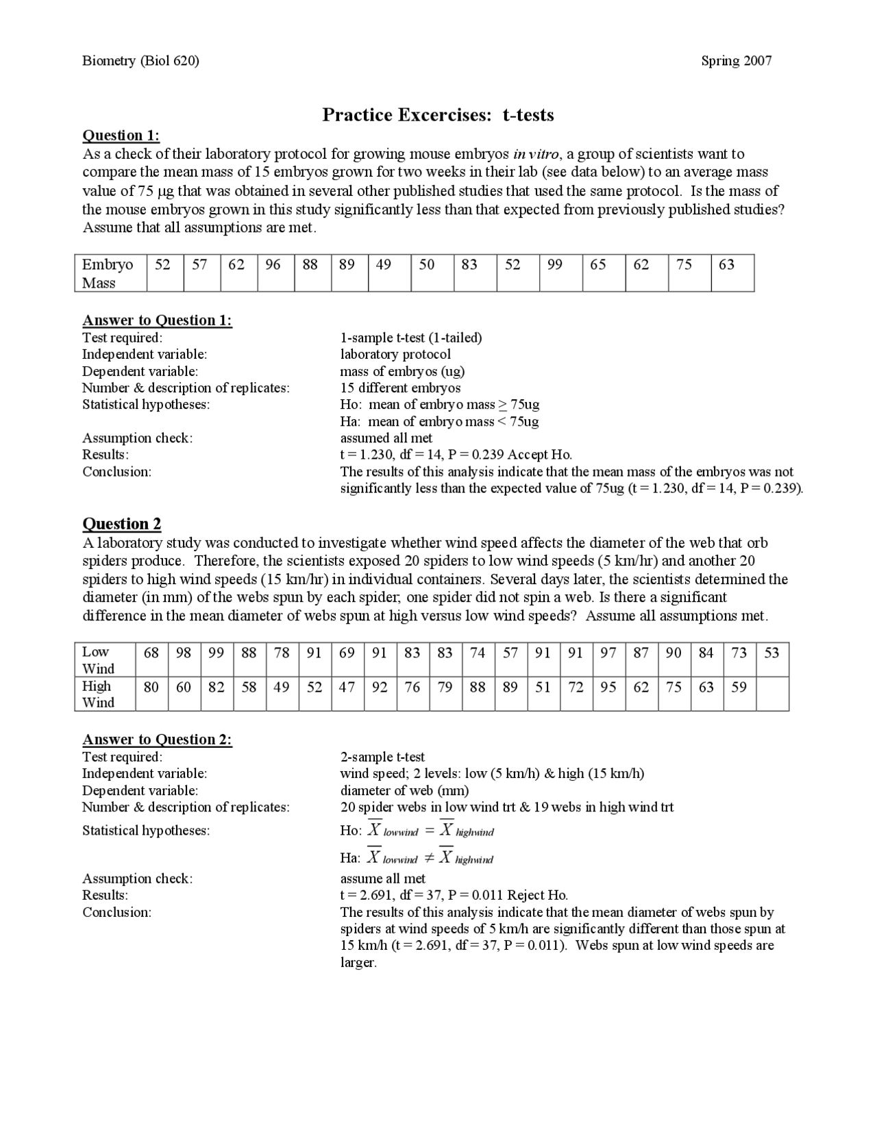 Practice Exercises with Answers - Biometry | BIOL 620 | Study notes ...