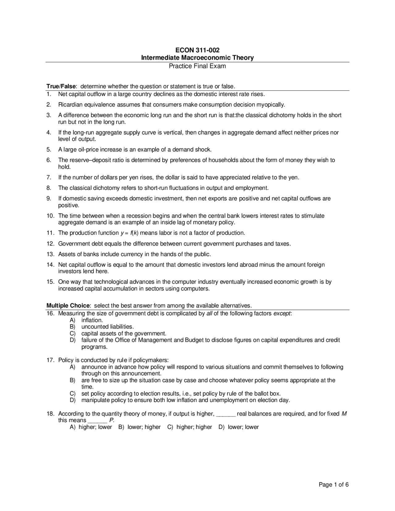 Intermediate Macroeconomics Final Exam Econ 311 Docsity