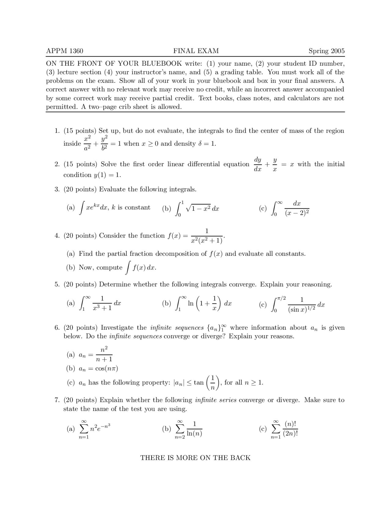12 Questions On Calculus Ii For Engineers Old Final Exam Appm 1360