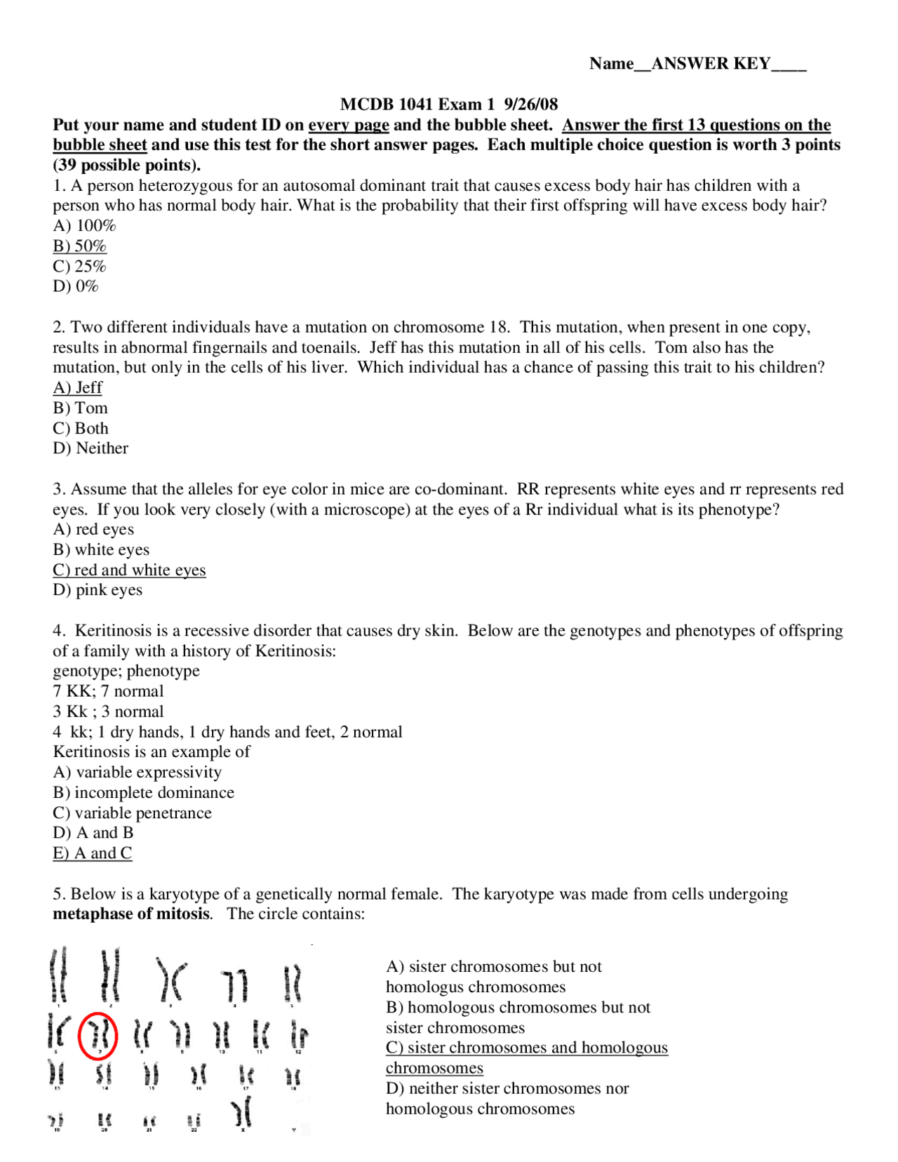 Exam 1 for Fundamentals of Human Genetics with Answer Key | MCDB 1041 ...