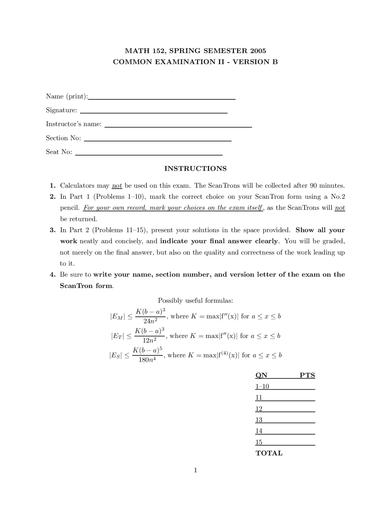 Exam 2 Version B Honor Engineering Mathematics Ii Math 152 Docsity