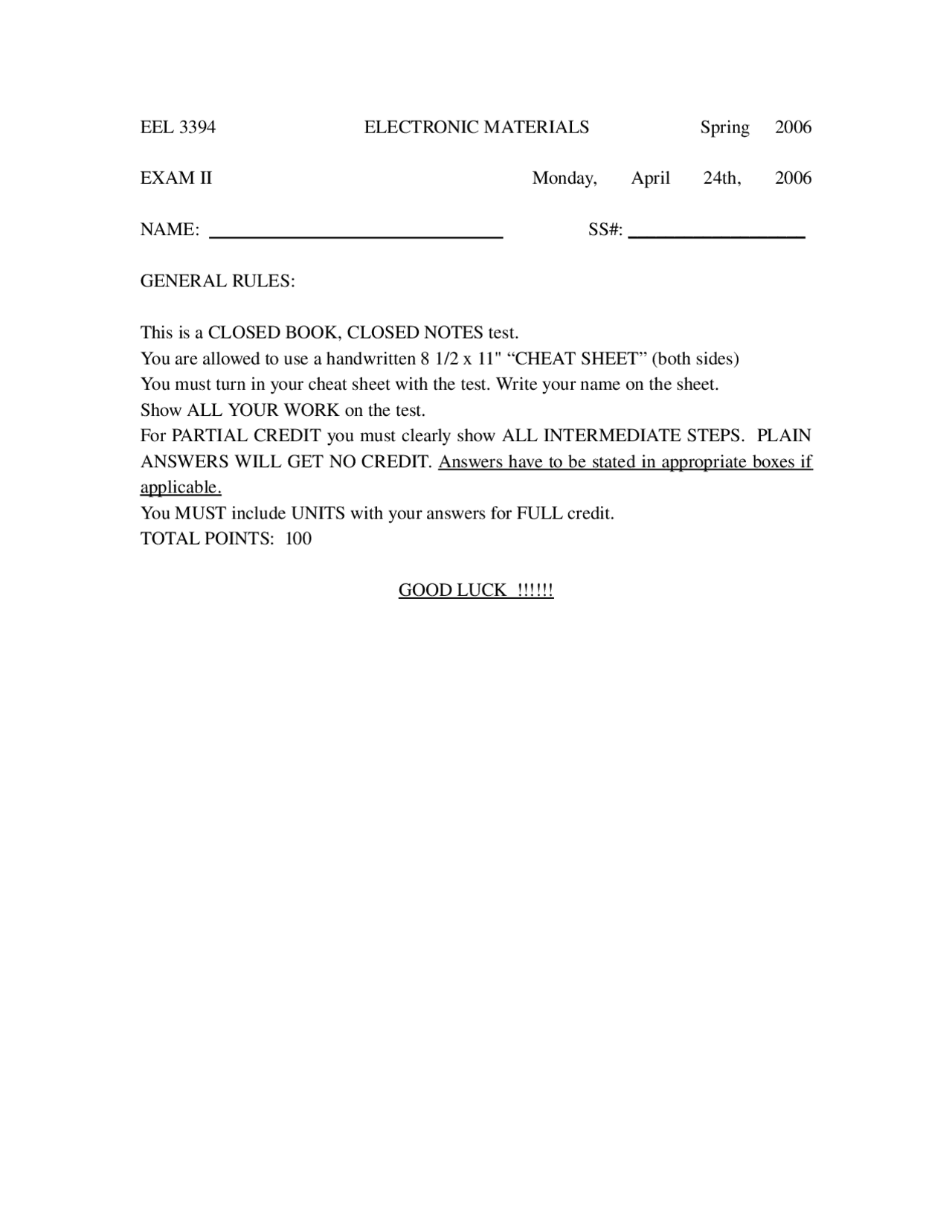 Exam Ii Questions With Solution Electronic Materials Eel 3394 Docsity