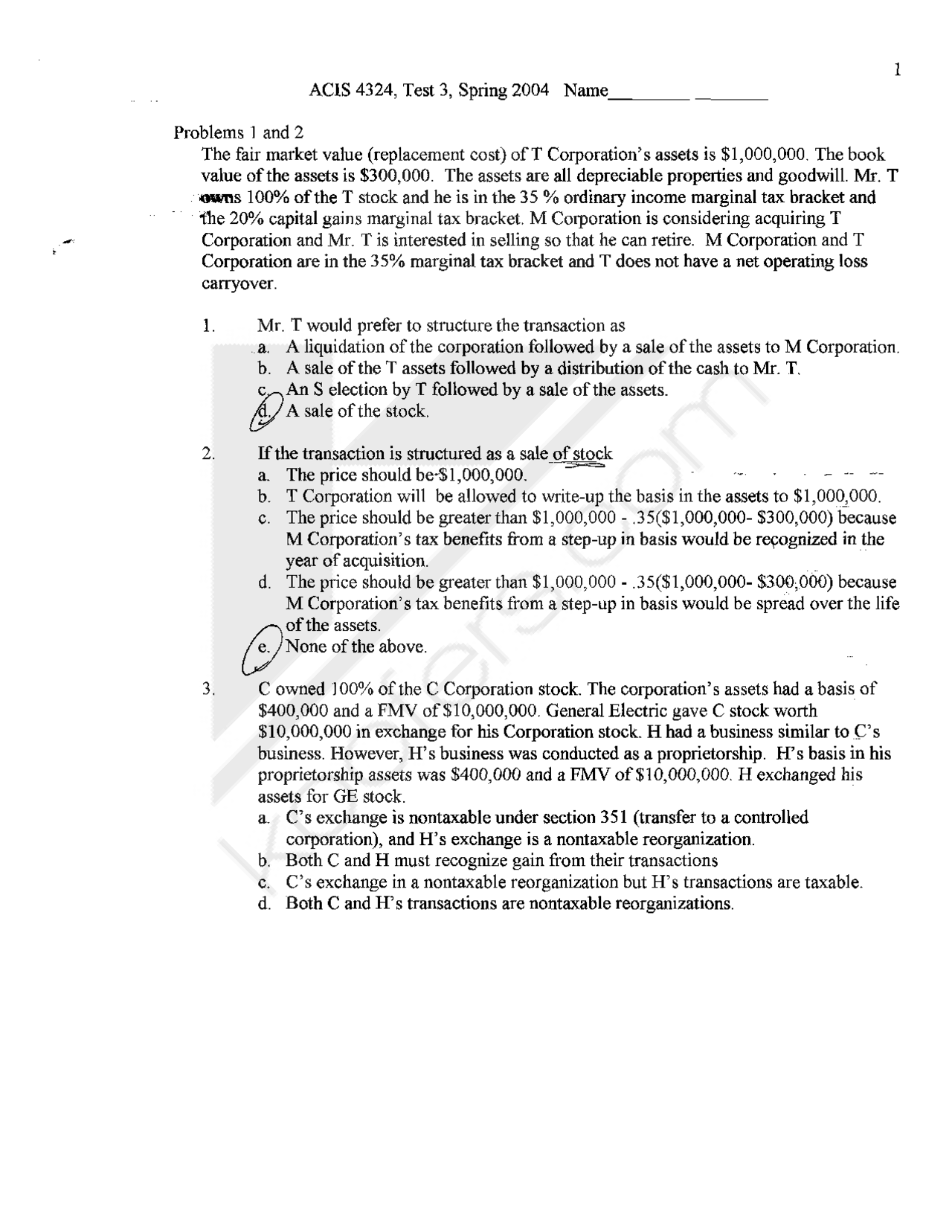 Test 3 with Answers - Advanced Income Tax - Spring 2004 | ACIS 4324 ...