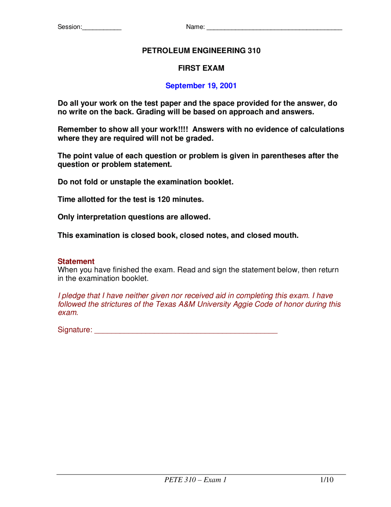 First Exam on Petroleum Engineering - Fall 2001 | PETE 310 - Docsity