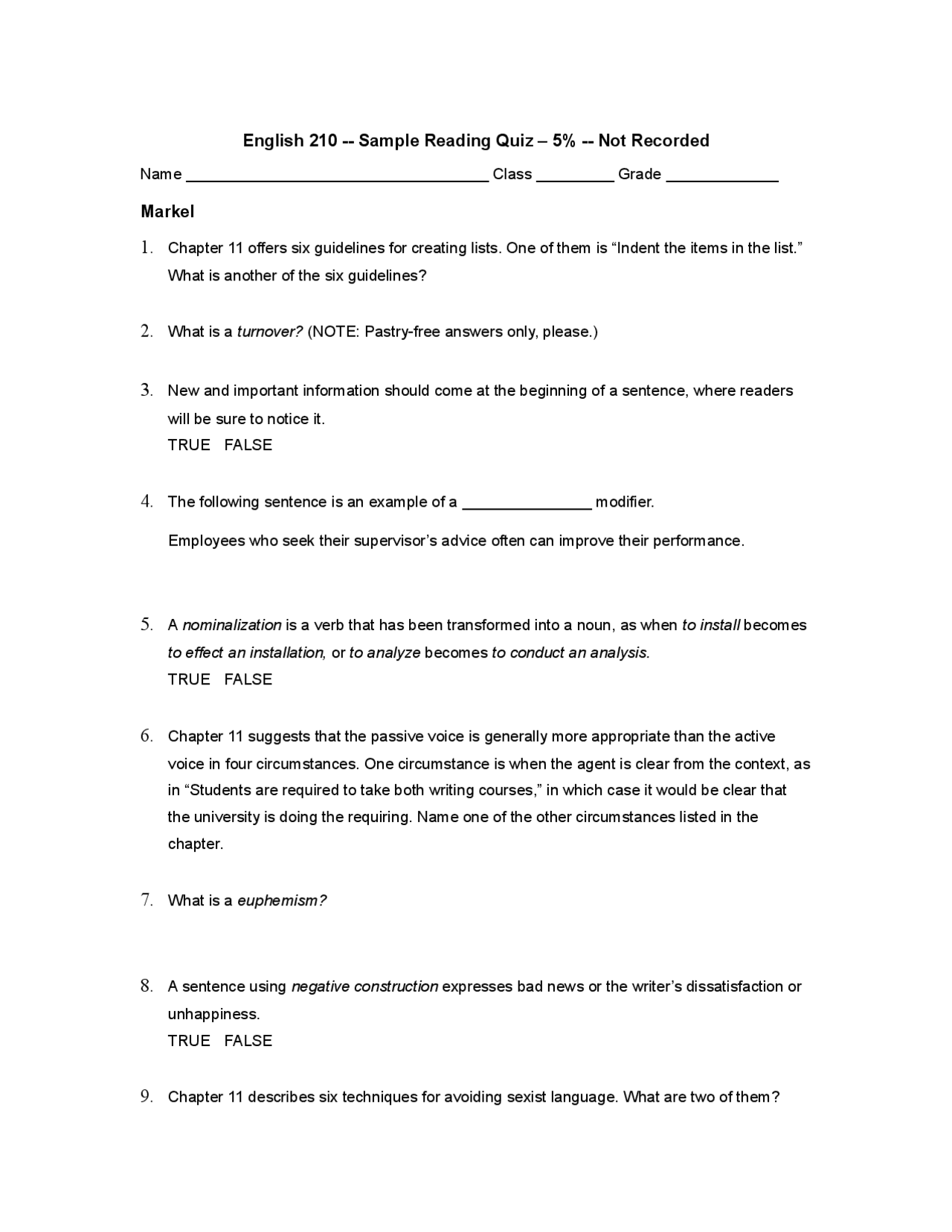 Sample Reading Quiz - Honors Technical Business Writing | ENGL 210 ...