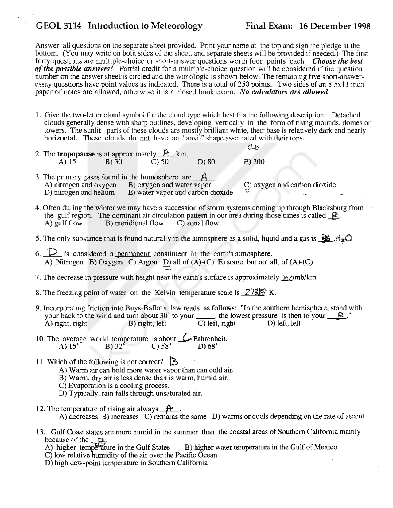 Final Exam With Solution Introduction To Meteorology Geos 3114