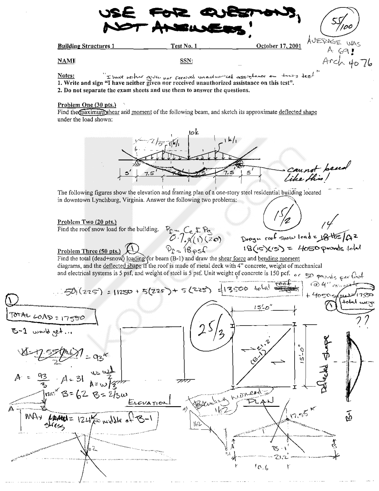 Test 1 with Solutions - Building Structures | ARCH 4076 - Docsity