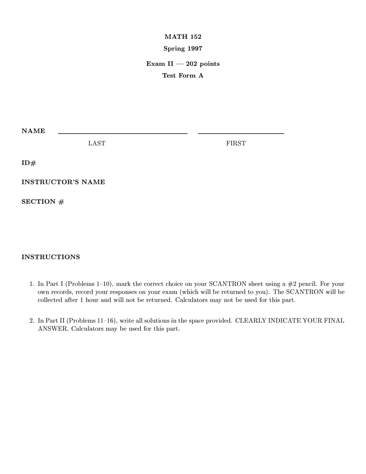 Exam Form A Honor Engineering Mathematics Ii Math 152 Docsity