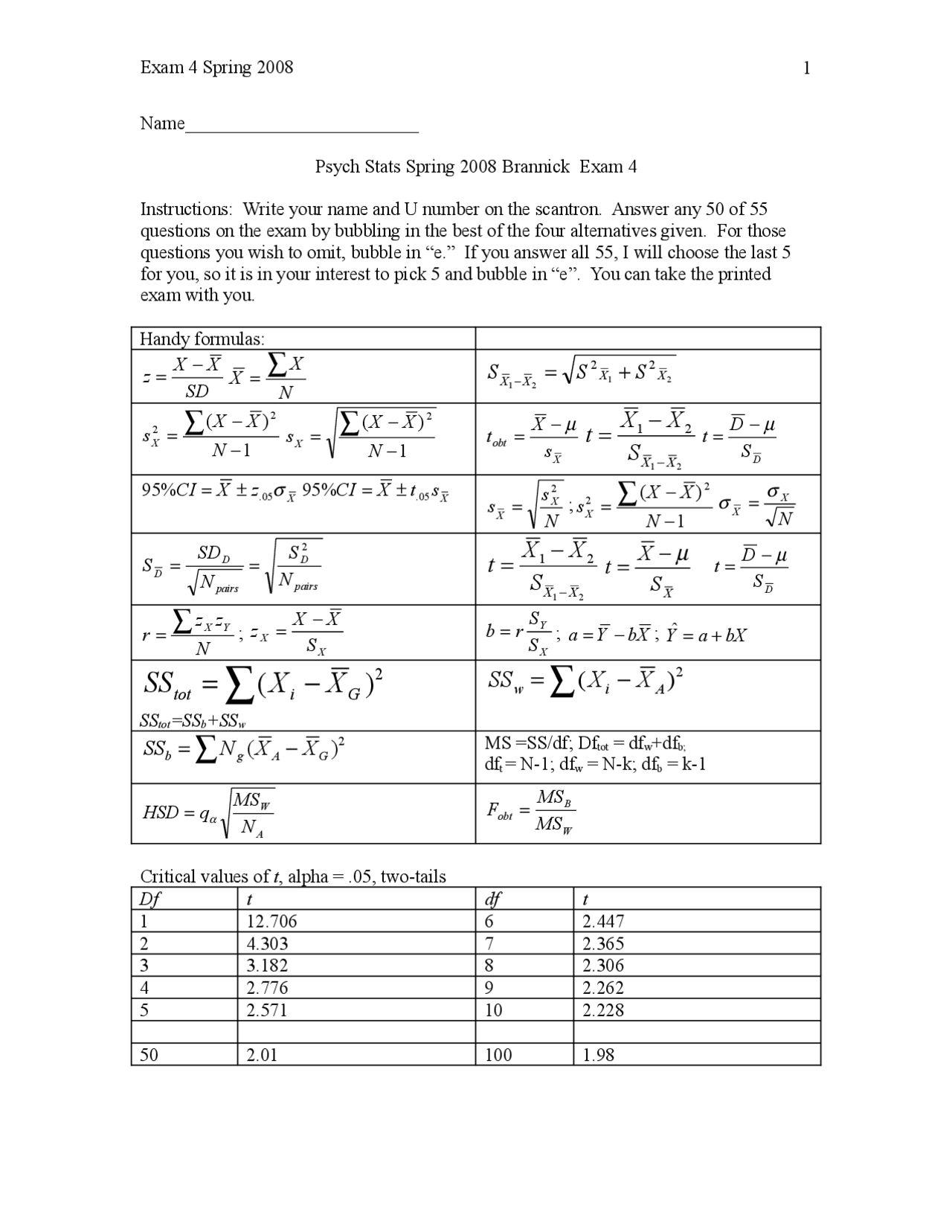 Sample Exam 4 - Psychological Statistics | PSY 3204 - Docsity