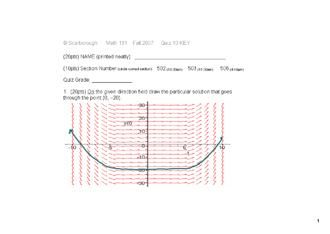 Quiz 10 With Answer Key Mathematical Concepts Calculus Math 131