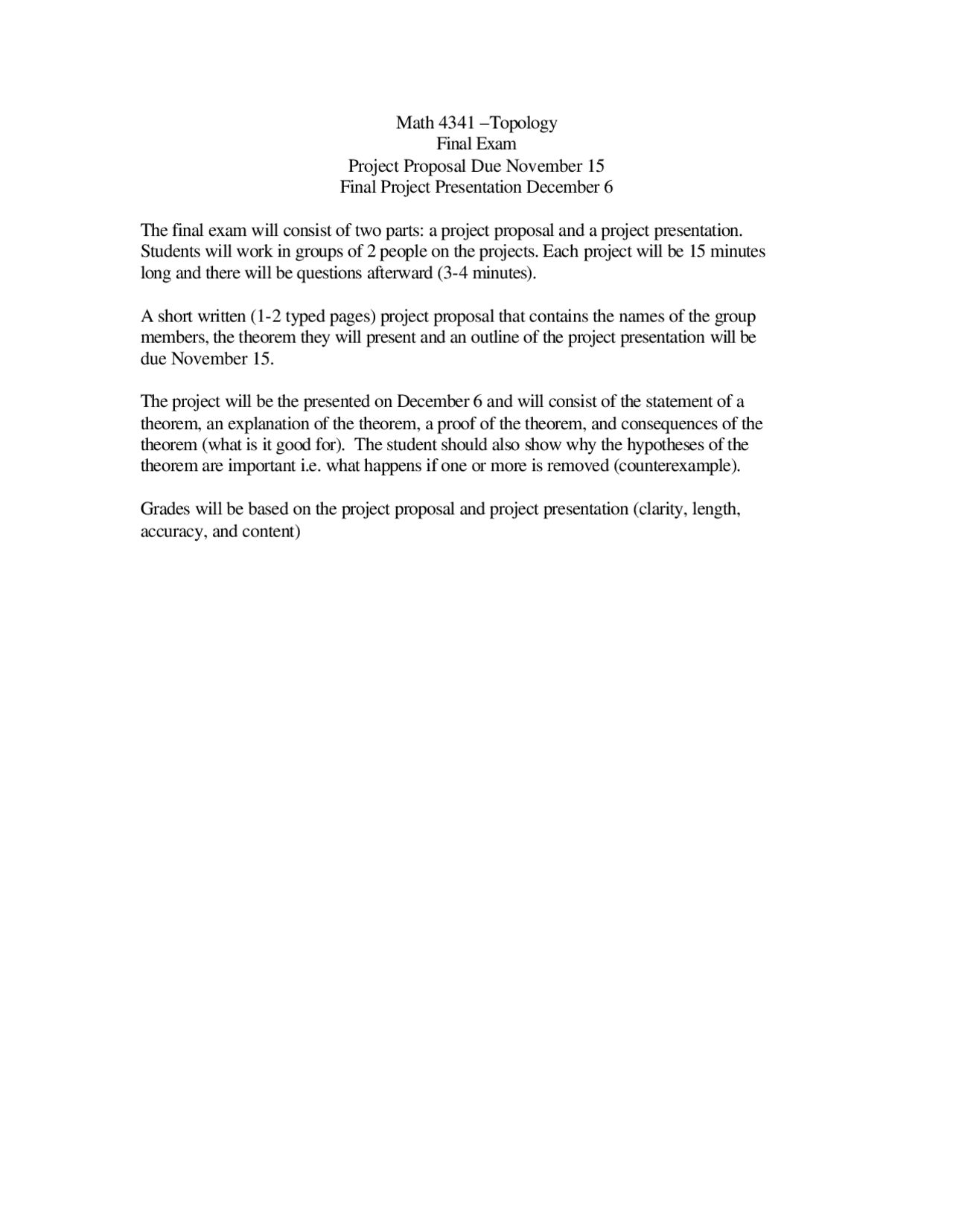 Project Proposal, Project Presentation - Final Exam - Topology | MATH 431 - Docsity