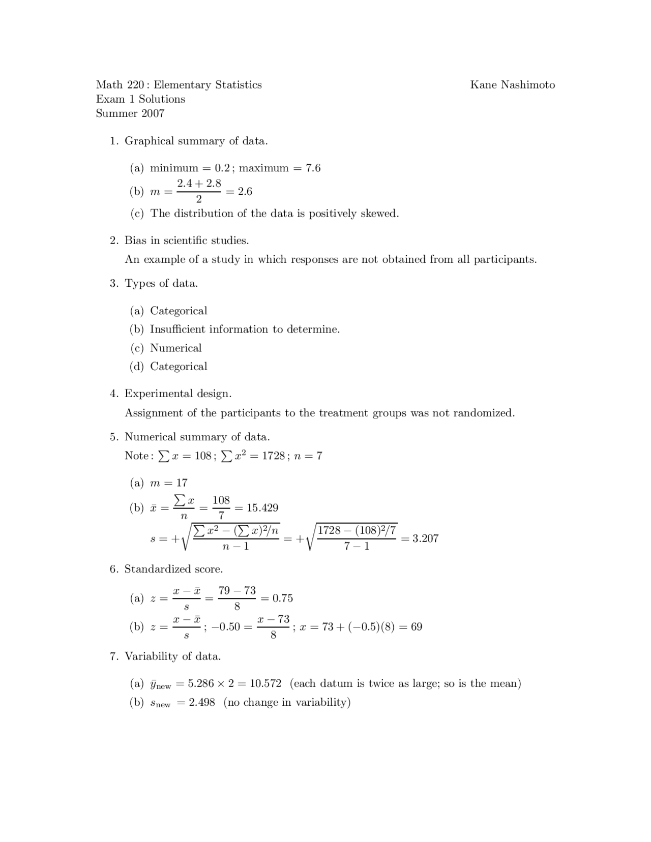 7 Problems In Test 1 Introduction To Elementary Statistics Math 220