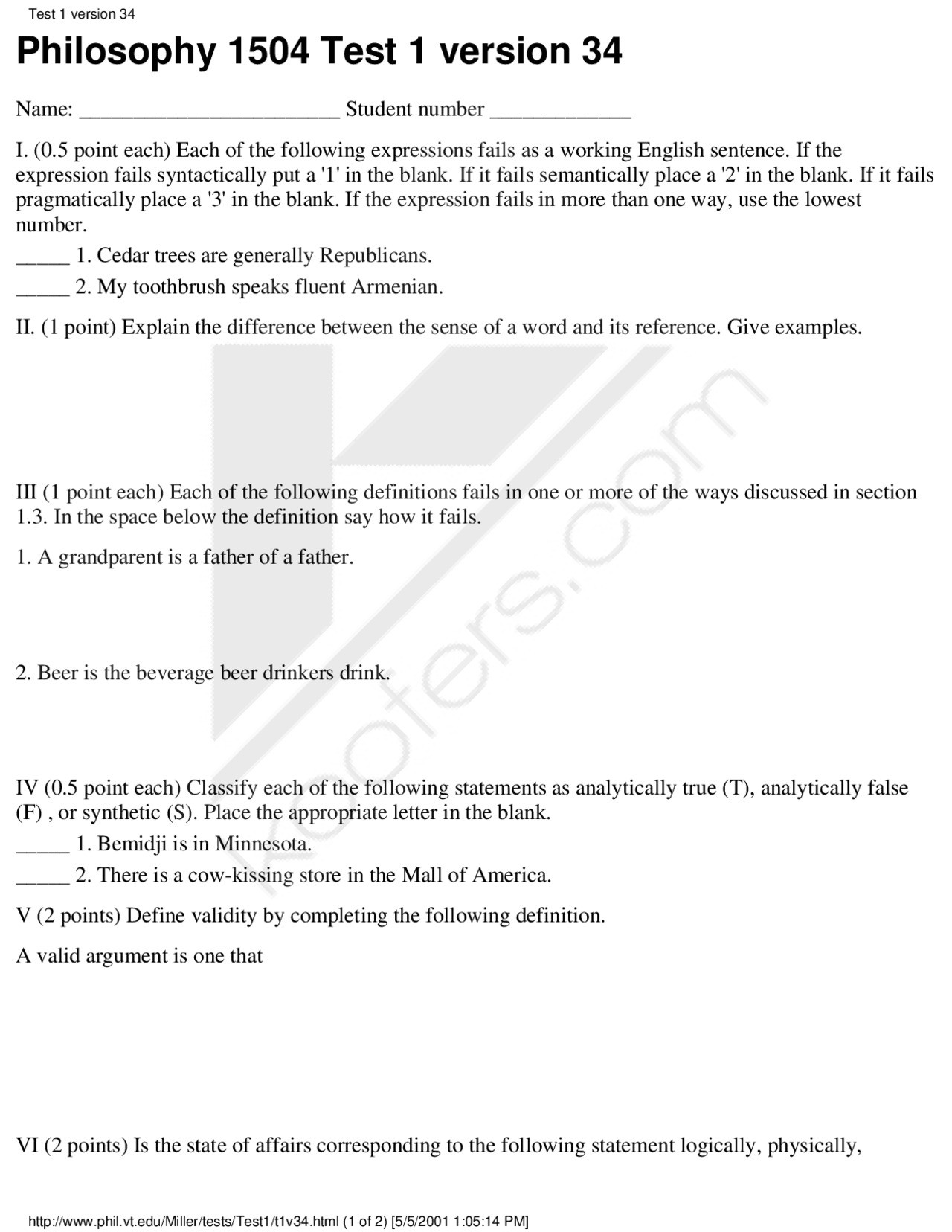 Test 1 Version 34 With 7 Questions Language And Logic Phil 1504