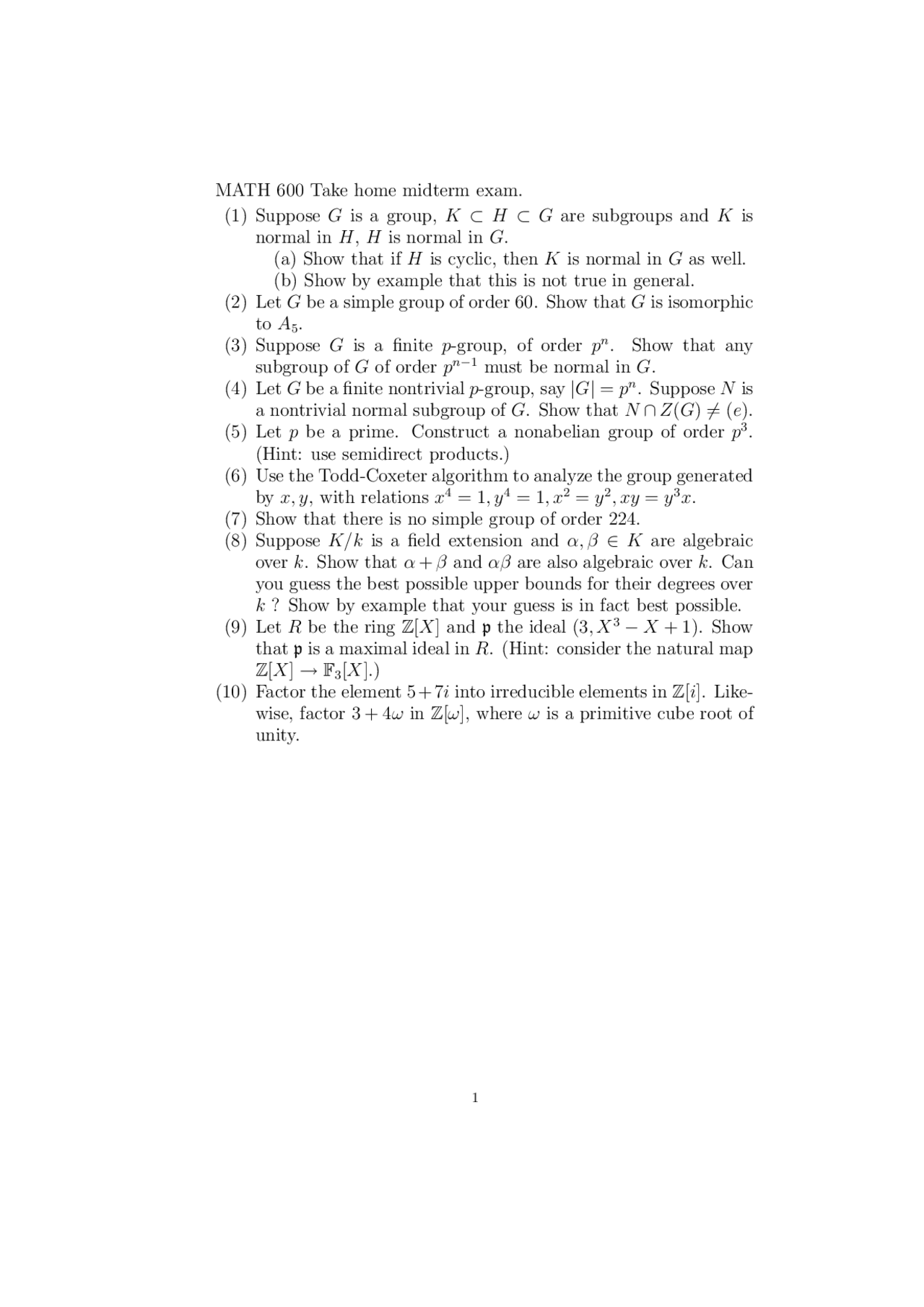 Take Home Midterm Examination Abstract Algebra I Math 600 Docsity
