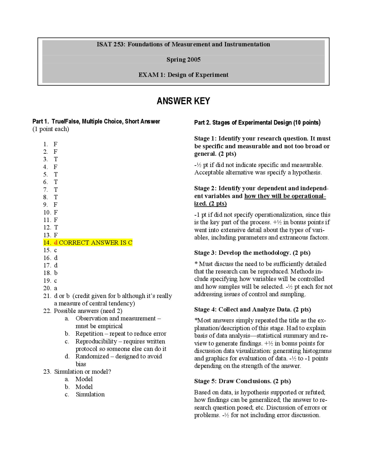 Exam 1 With Answer Key For Design Of Experiment Isat 253 Docsity