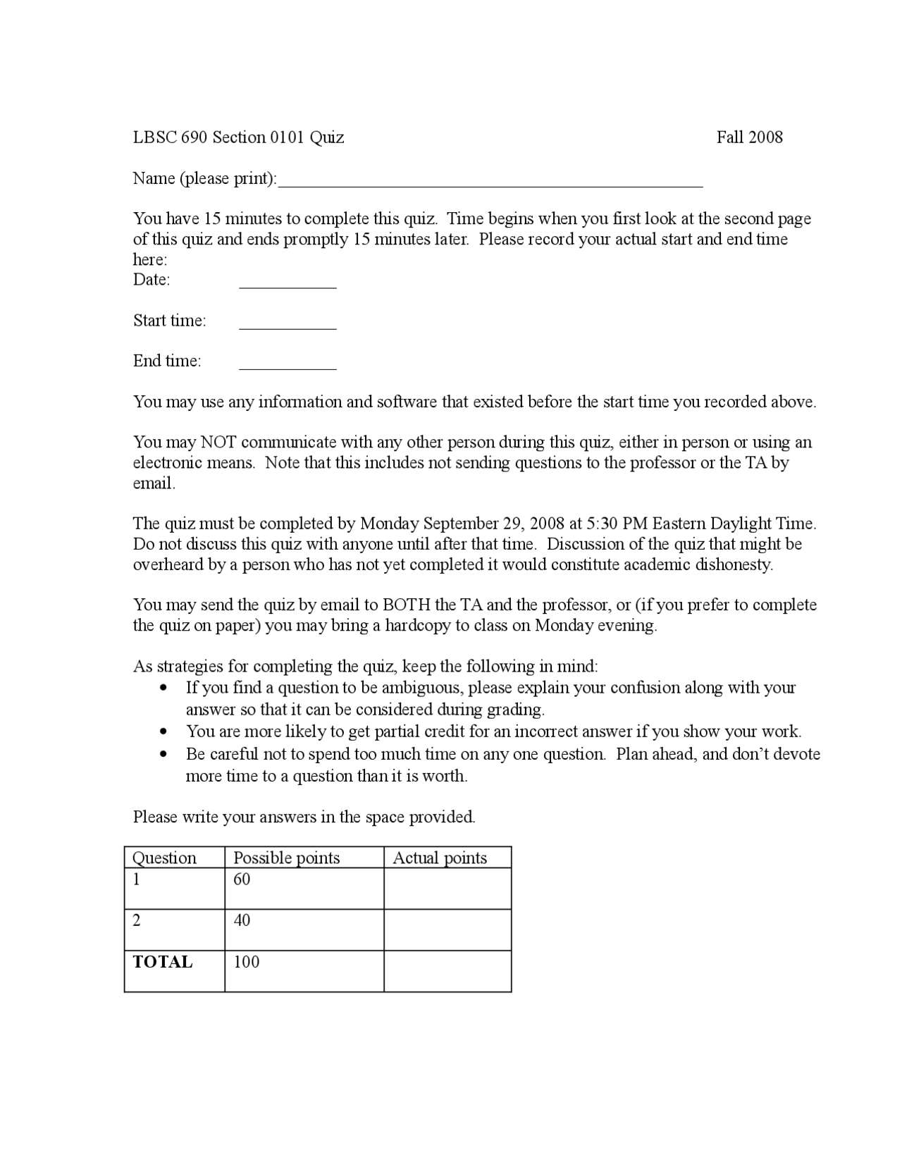 Class Quiz With Solutions Information Technology Lbsc 690 Docsity