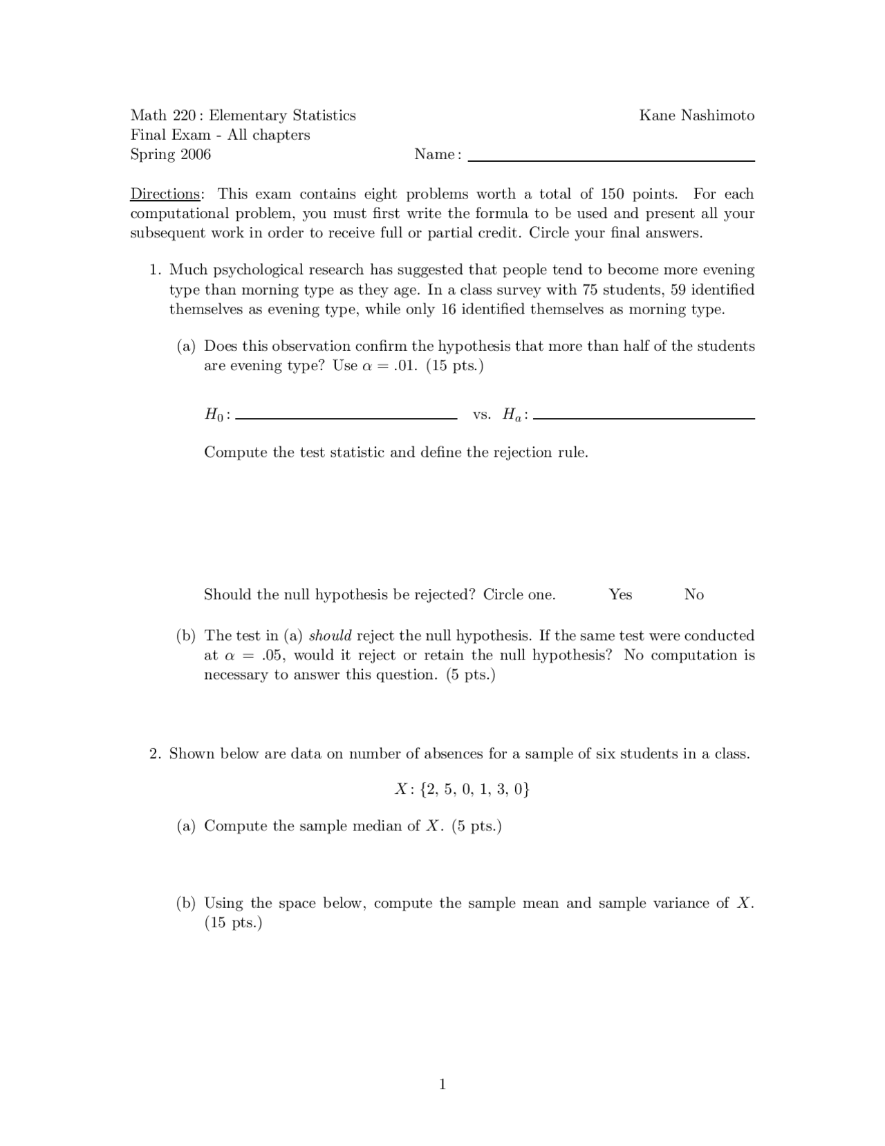 8 Problems on the Null Hypothesis - Final Examination | MATH 220 - Docsity