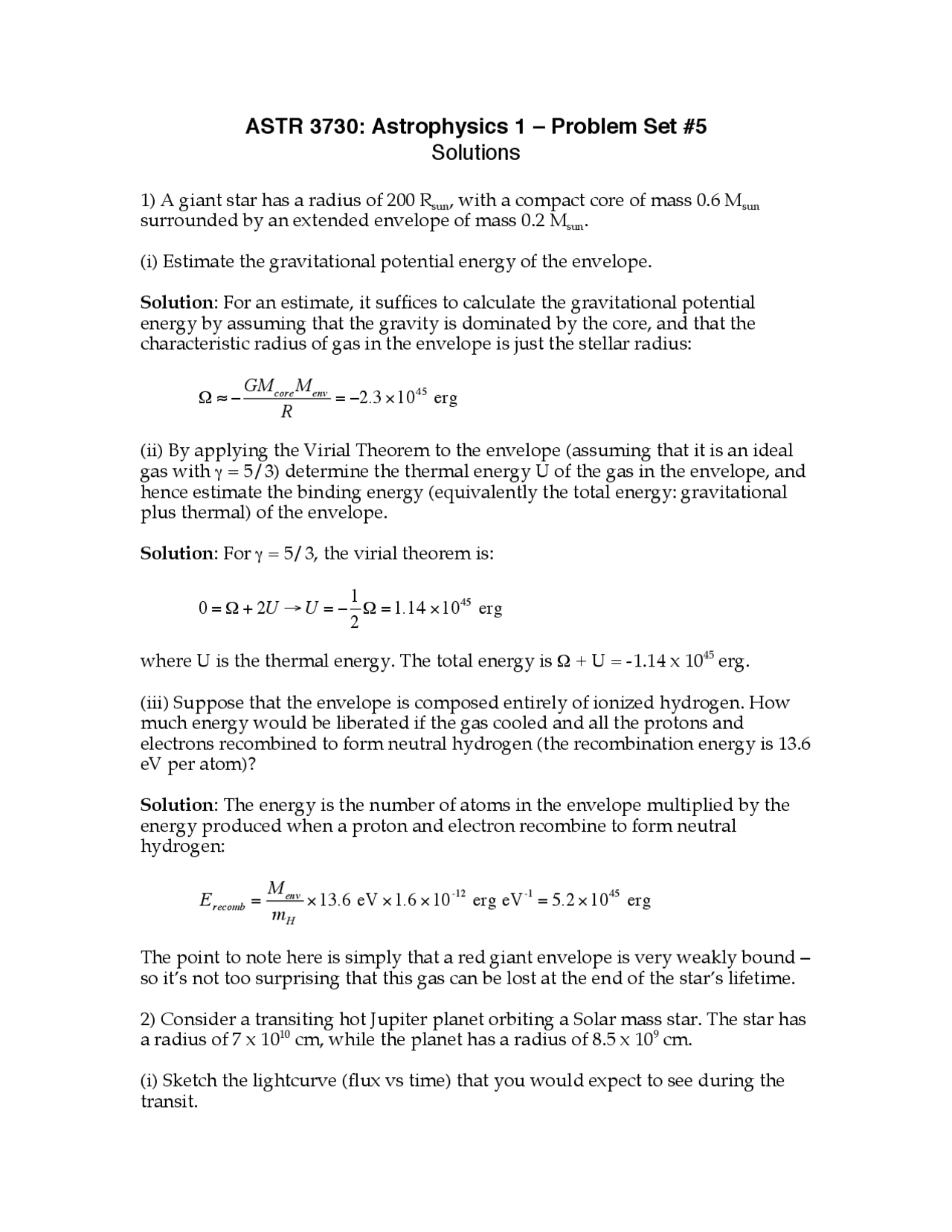 Gravitational Potential Energy, Light curve - Astrophysics Assignment | ASTR 3730 - Docsity