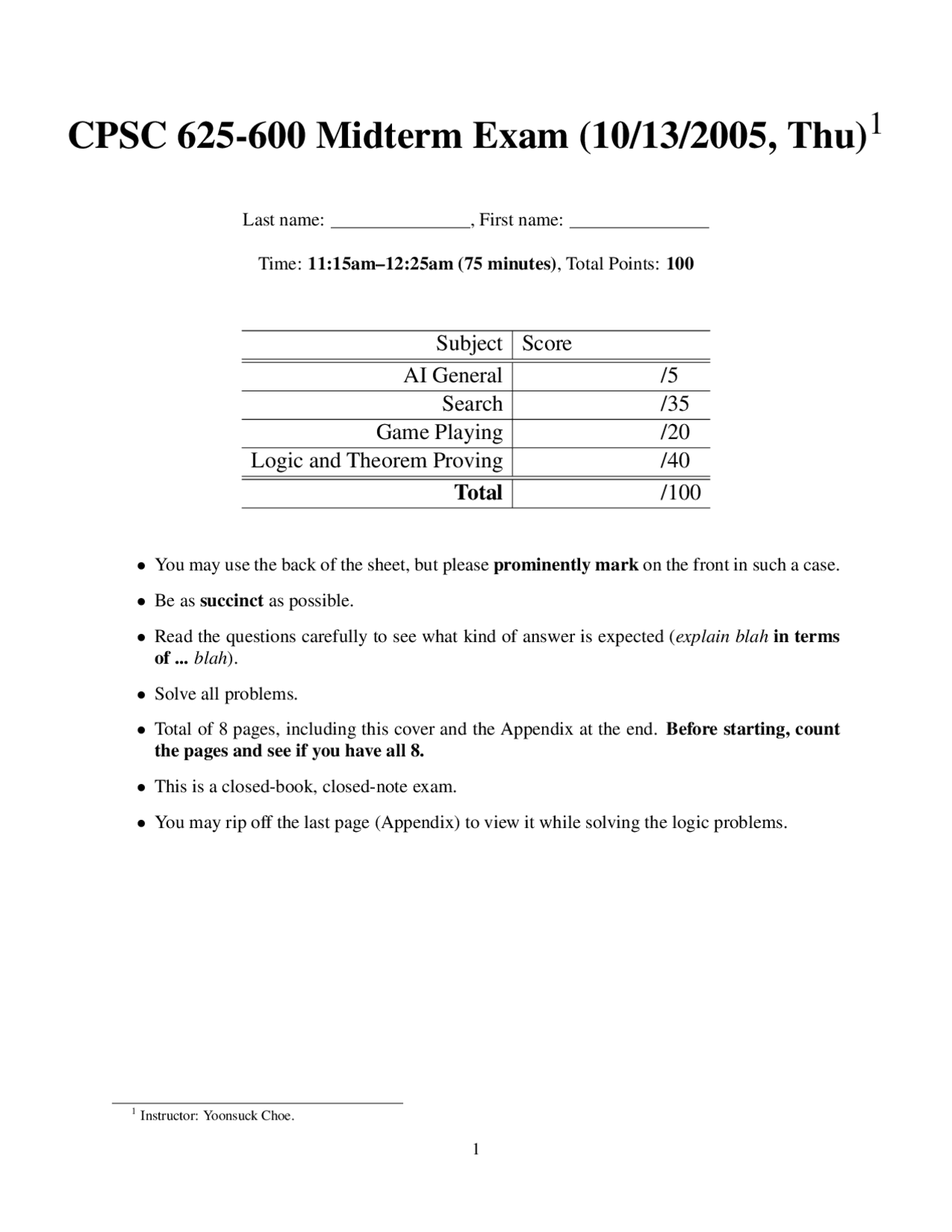 11 Questions Of Artificial Intelligence Midterm Exam Cpsc 625