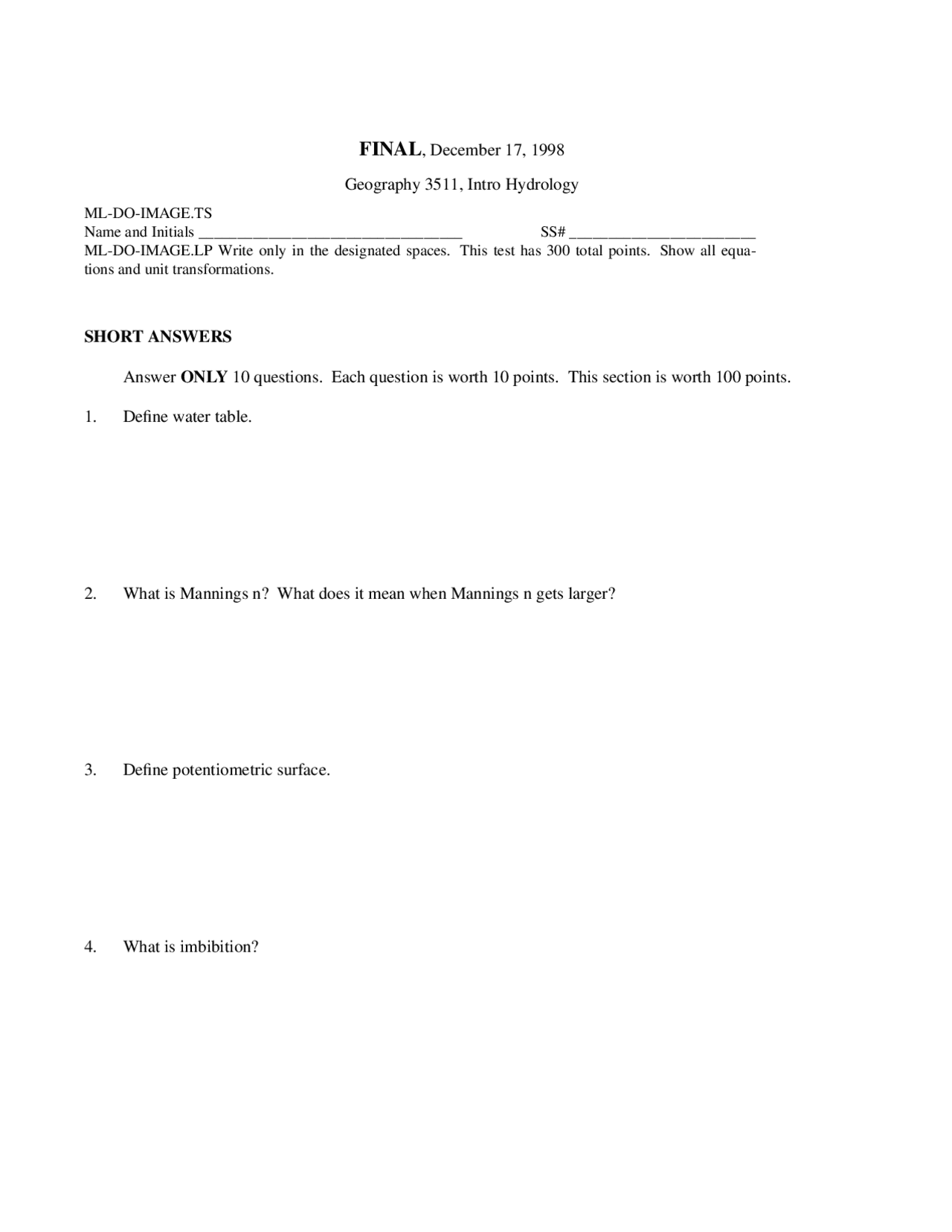 26 Questions On Introduction To Hydrology Final Exam Geog 3511