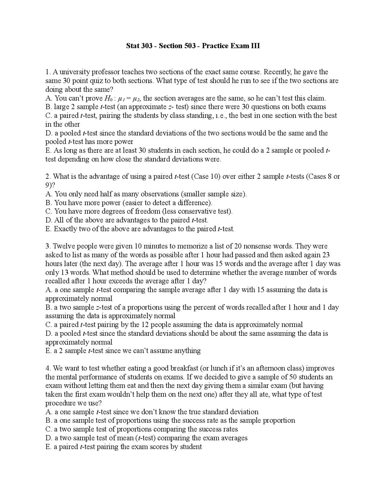 Practice Exam 3 For Statistical Methods Stat 303 Docsity