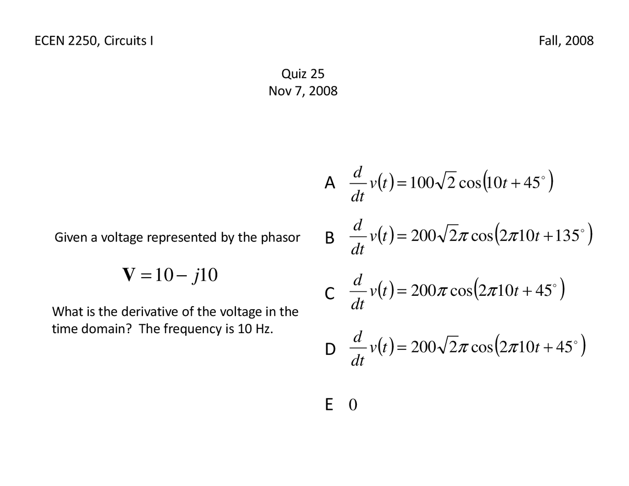 Introduction To Circuits And Electronics Quiz 25 Ecen 2250 Docsity