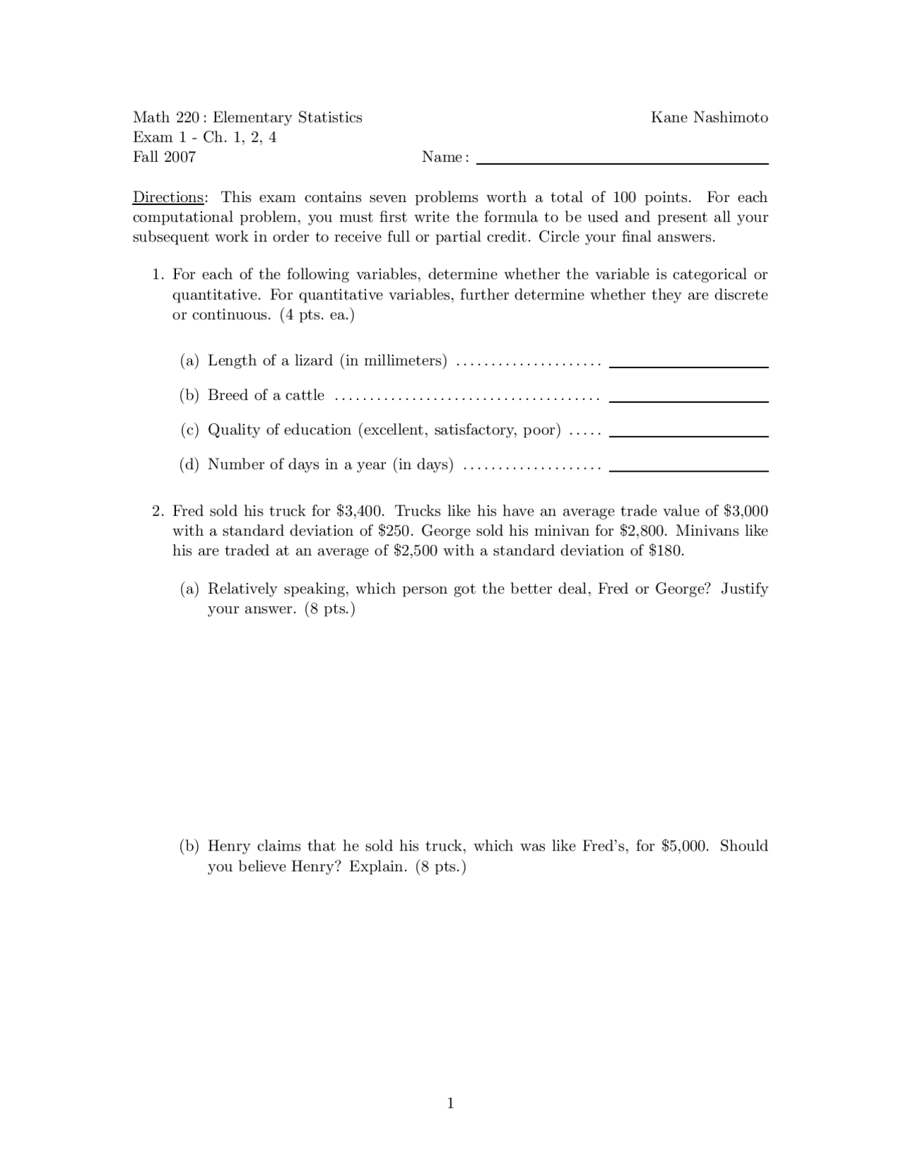 7 Unsolved Problems On Elementary Statistics Test 1 Math 220 Docsity