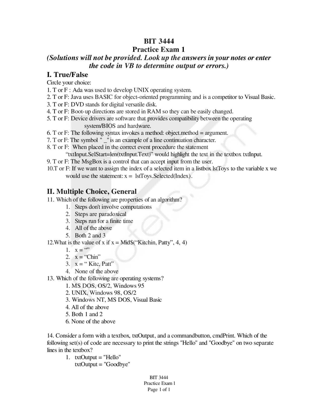 Practice Exam 1 Advance Bus Computer And Application Bit 3444 Docsity