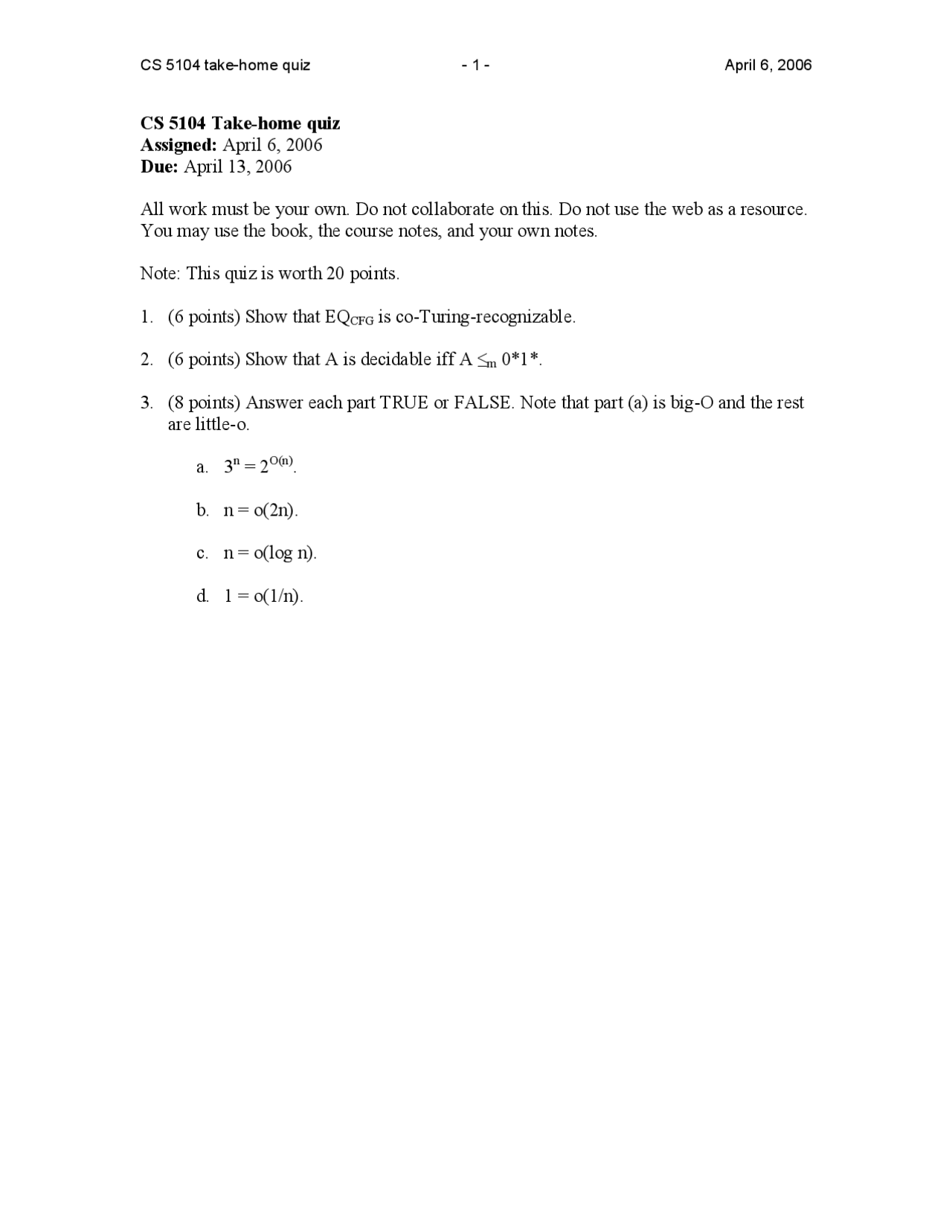 CS 5104 Take-home Quiz Solutions | Quizzes Computer Science | Docsity