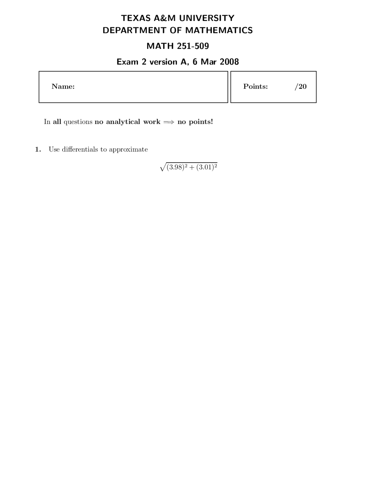 5 Questions Exam 2 Engineering Mathematics Iii Math 251 Docsity