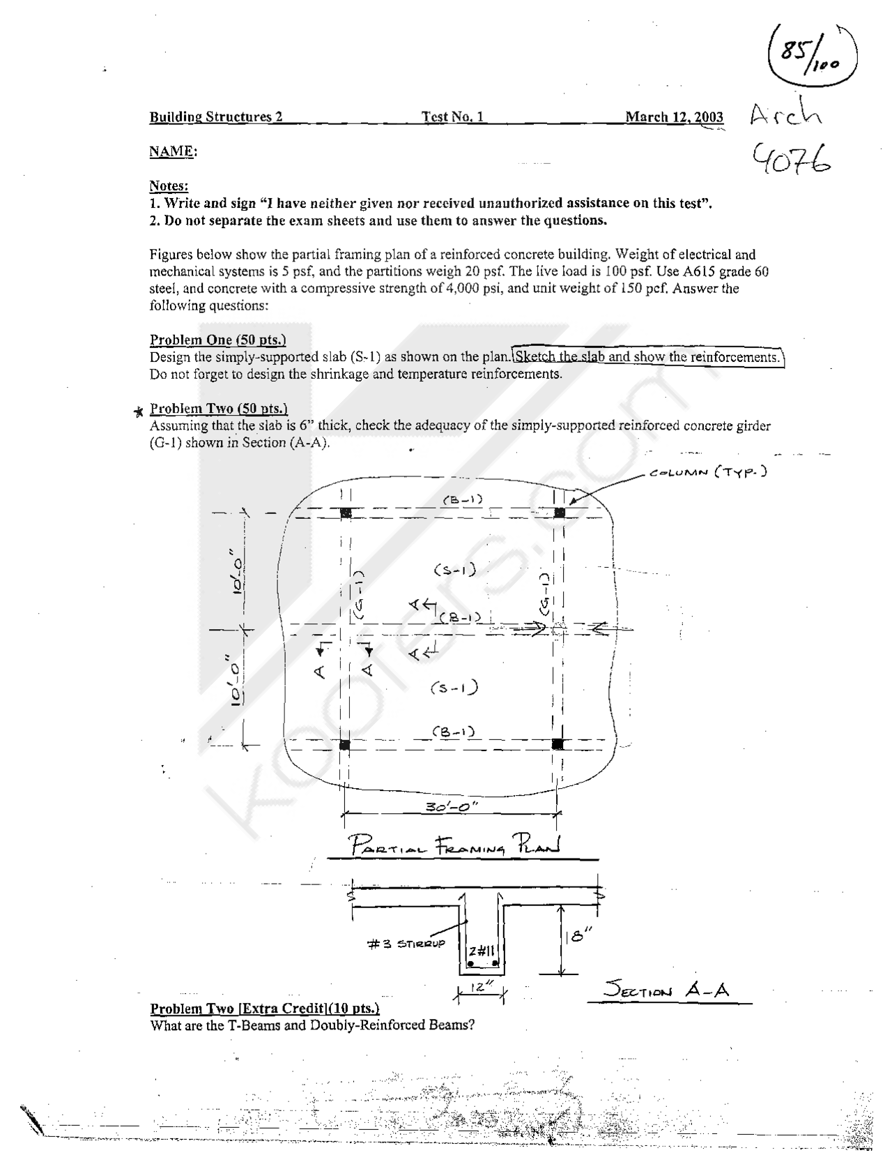 Building Structures 2 Test No 1 With Solution Arch 4076 Docsity